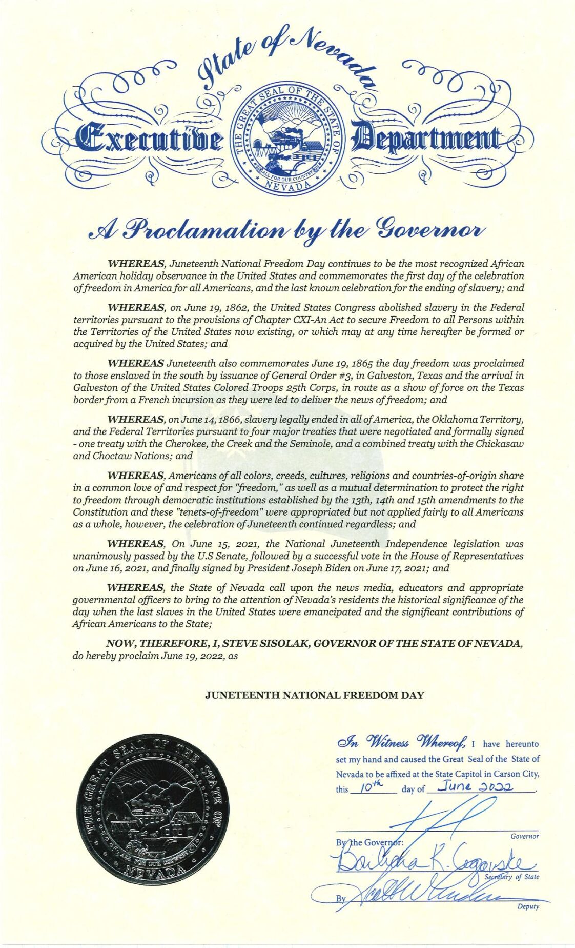 Governor Sisolak proclaims Juneteenth 'National Freedom Day ...