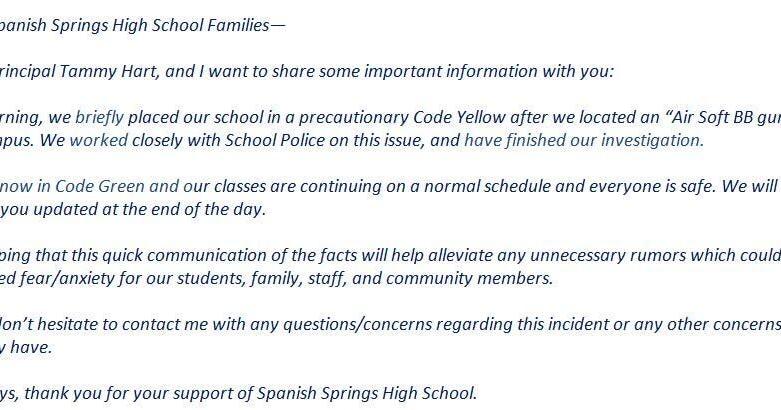 Precautionary Code Yellow Lockdown Lifted at Spanish Springs High ...