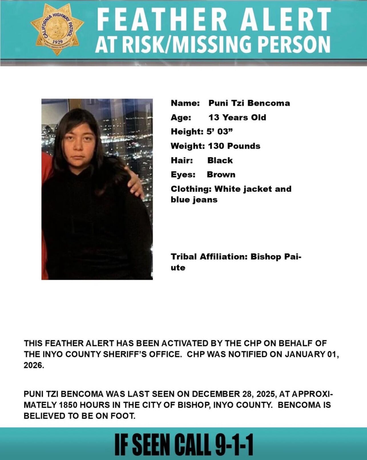 Feather Alert issued for missing teenage girl from Inyo County ...