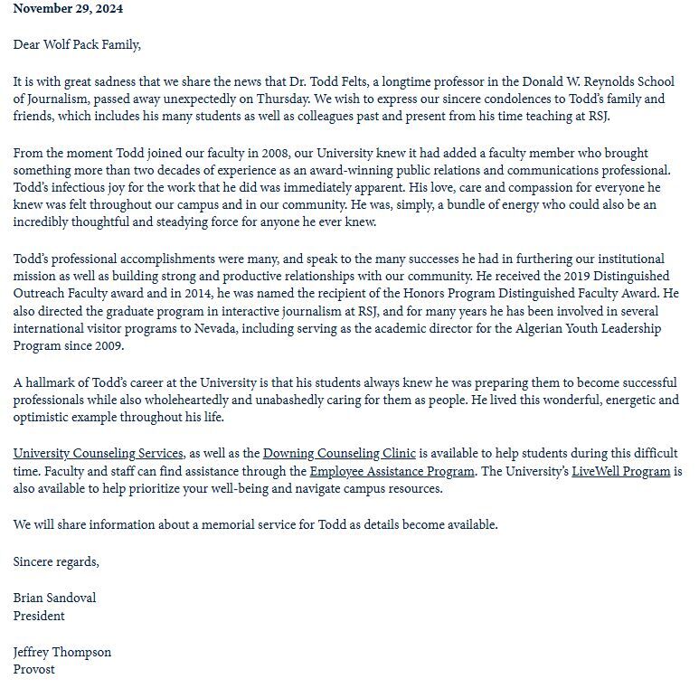 Longtime UNR Journalism professor Dr. Todd Felts dies | Local News ...