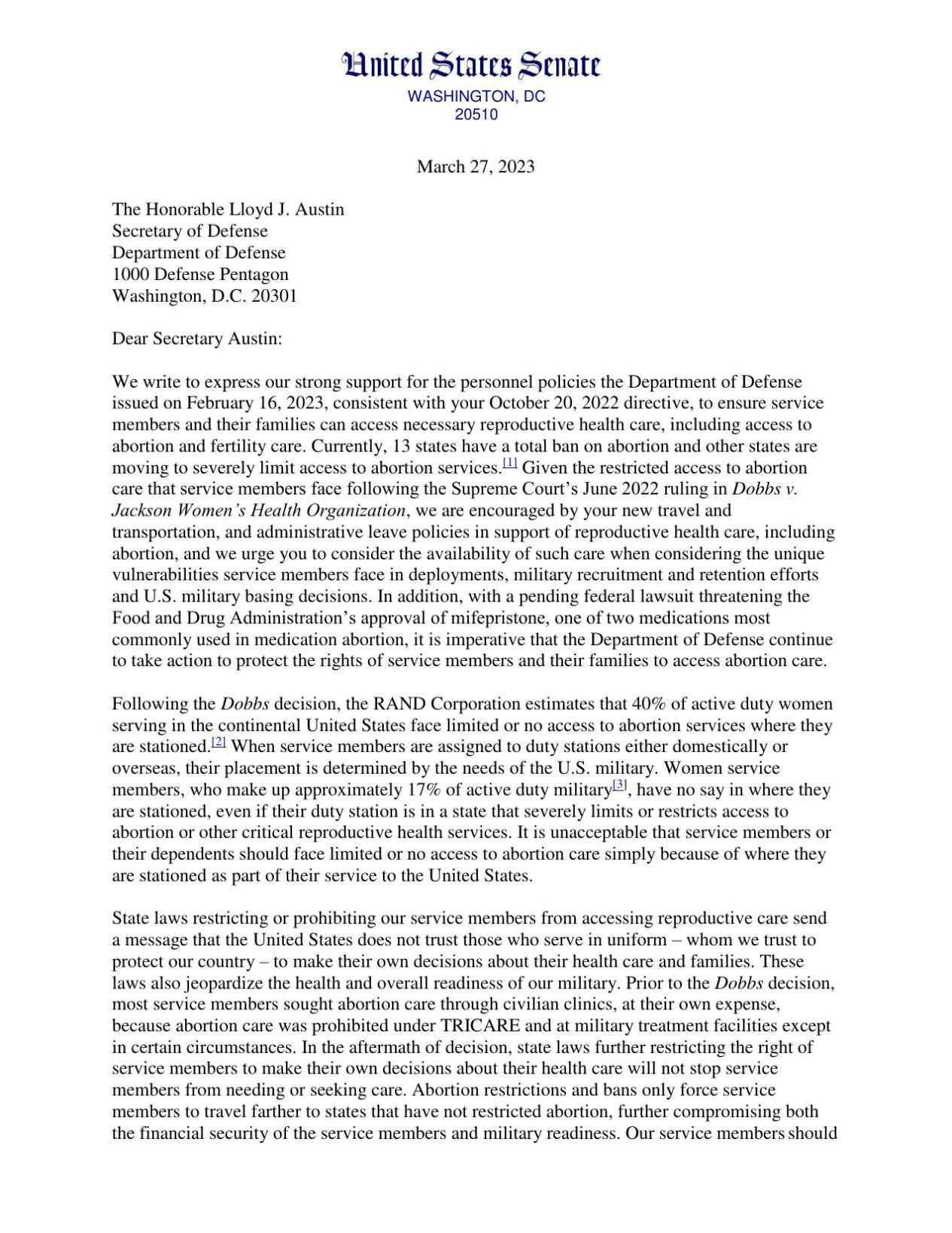 Group of Senators Urge the Pentagon to Protect Abortion Access for U.S ...