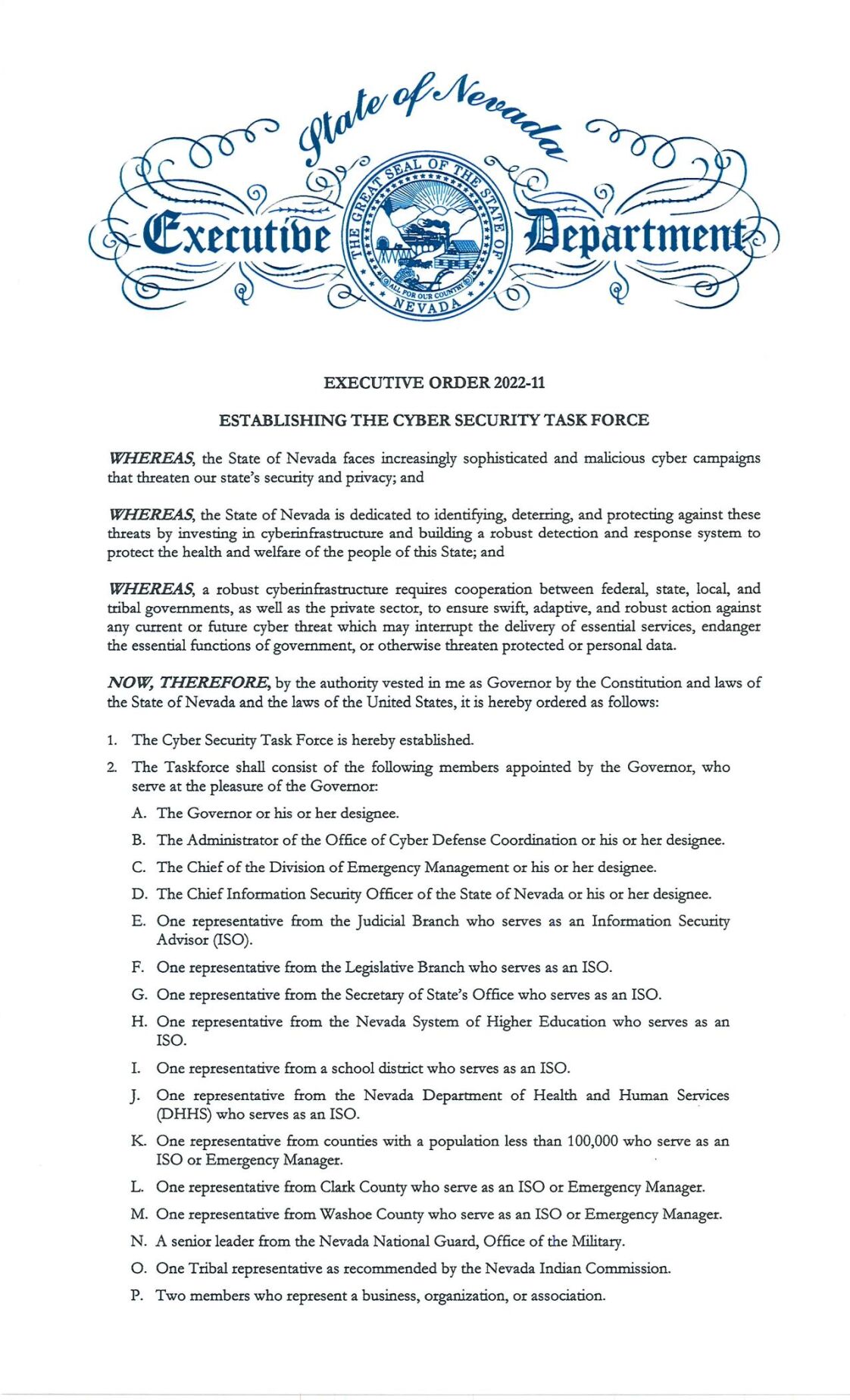 Governor Steve Sisolak signs Executive Order establishing the Cyber Security Task Force | News ...