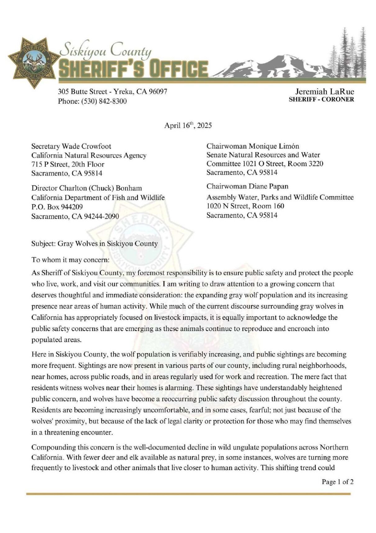 Siskiyou County Sheriff sends letter to California legislature, CDFW to ...