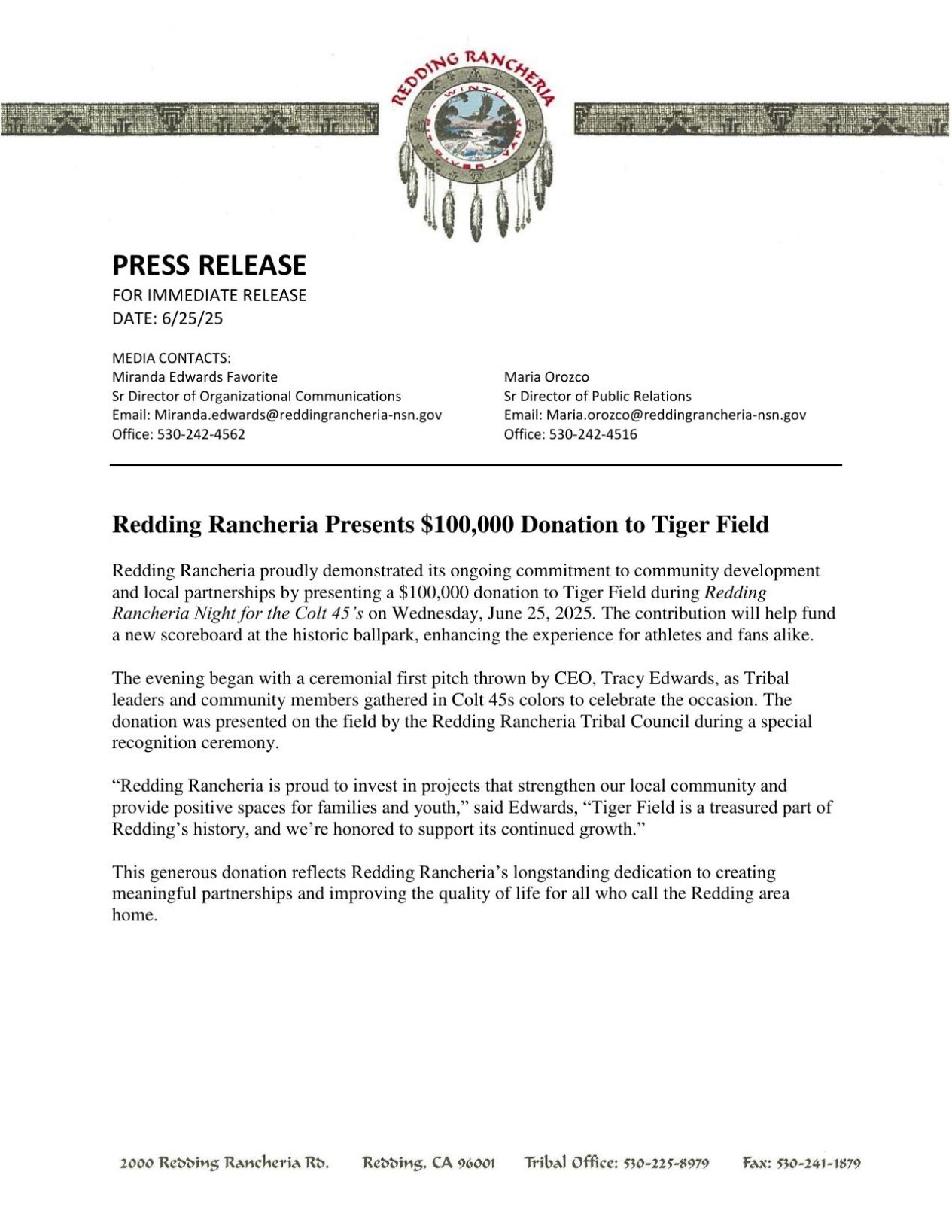 Redding Rancheria makes $100,000 donation to Tiger Field in Redding | News | actionnewsnow.com