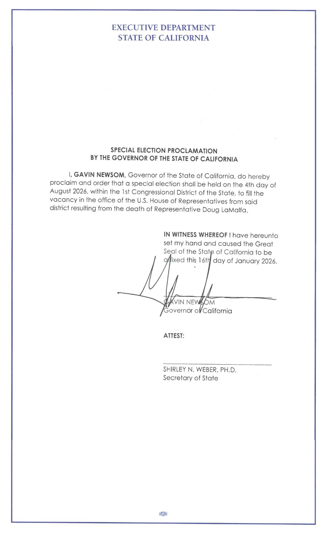 Governor Newsom issues proclamation for special election to fill vacant ...