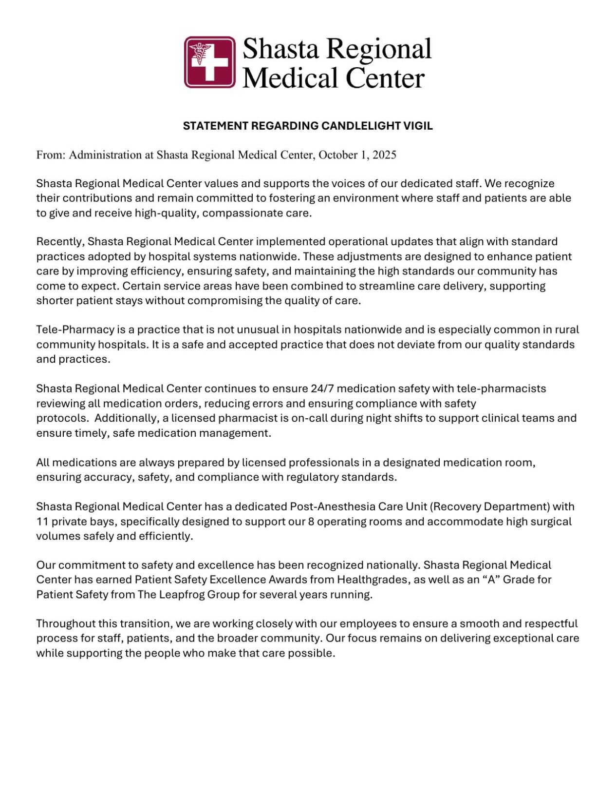 Shasta Regional Medical Center issues statement on candlelight vigil ...