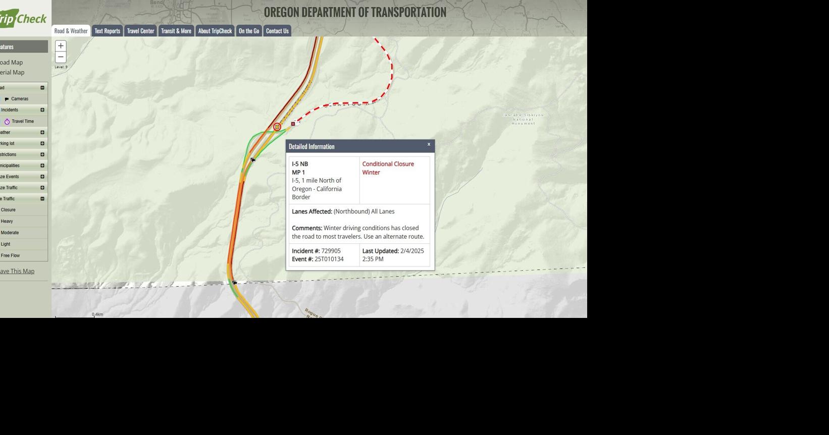 Northbound Interstate 5 closed at Oregon border due to winter driving ...