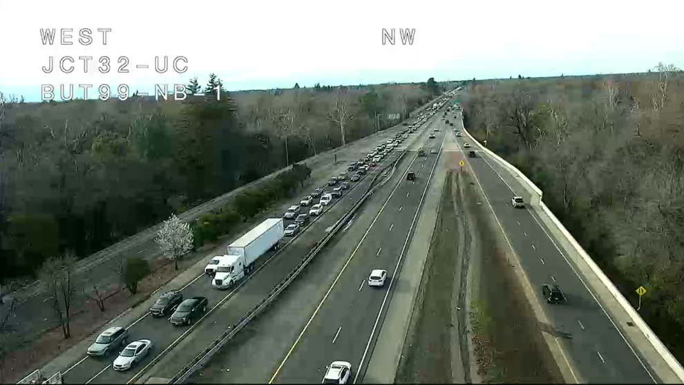 Traffic backed up on southbound Highway 99 in Chico as emergency crews ...