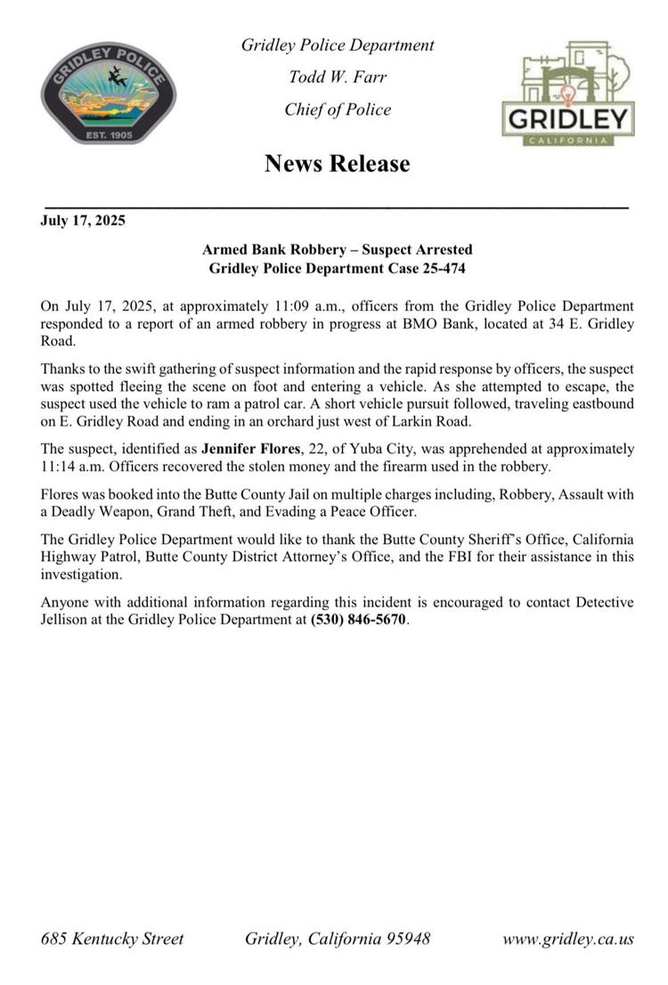 Gridley Police arrests woman who robbed BMO Bank on E. Gridley Road ...