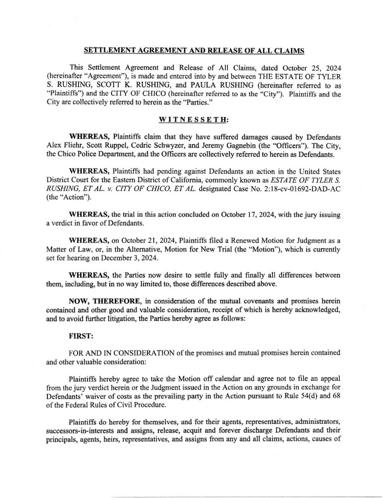 Estate of Tyler Rushing reaches settlement agreement with City of Chico ...