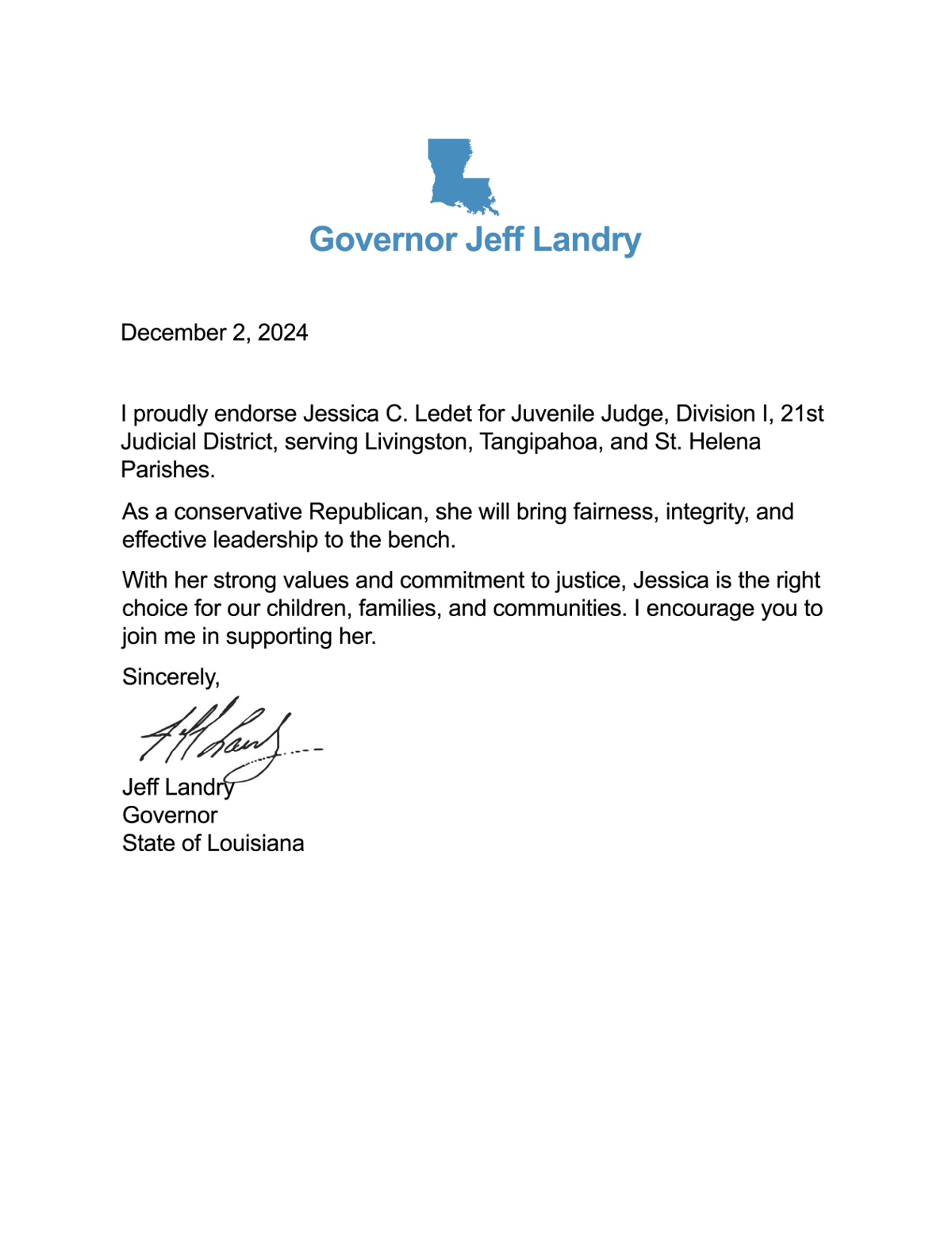Governor Jeff Landry endorses Jessica Ledet for Juvenile Court Judge ...