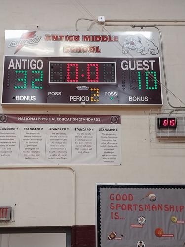 AMS scoreboard shows the eighth-grade girls 32-10 win over Merrill ...