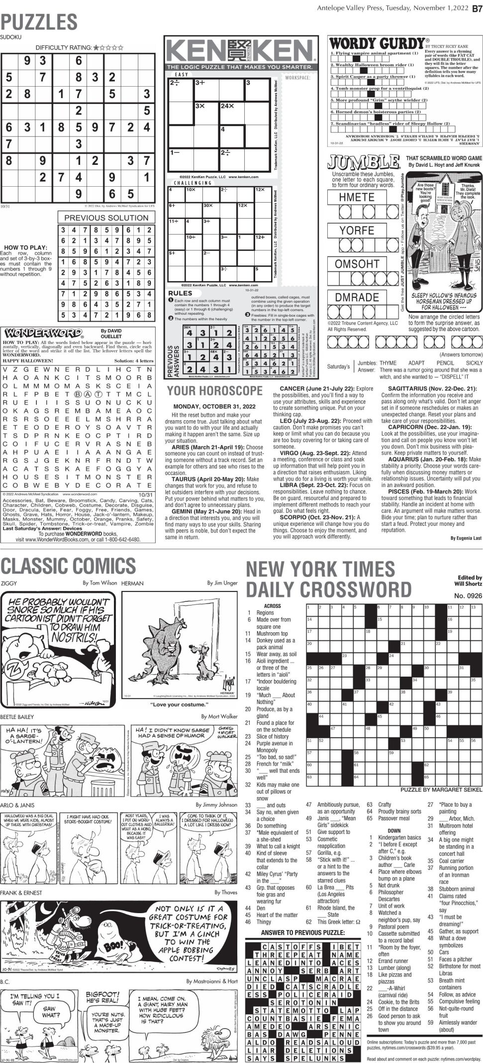 Puzzles, Oct. 31, 2022 | Puzzles Comics | avpress.com