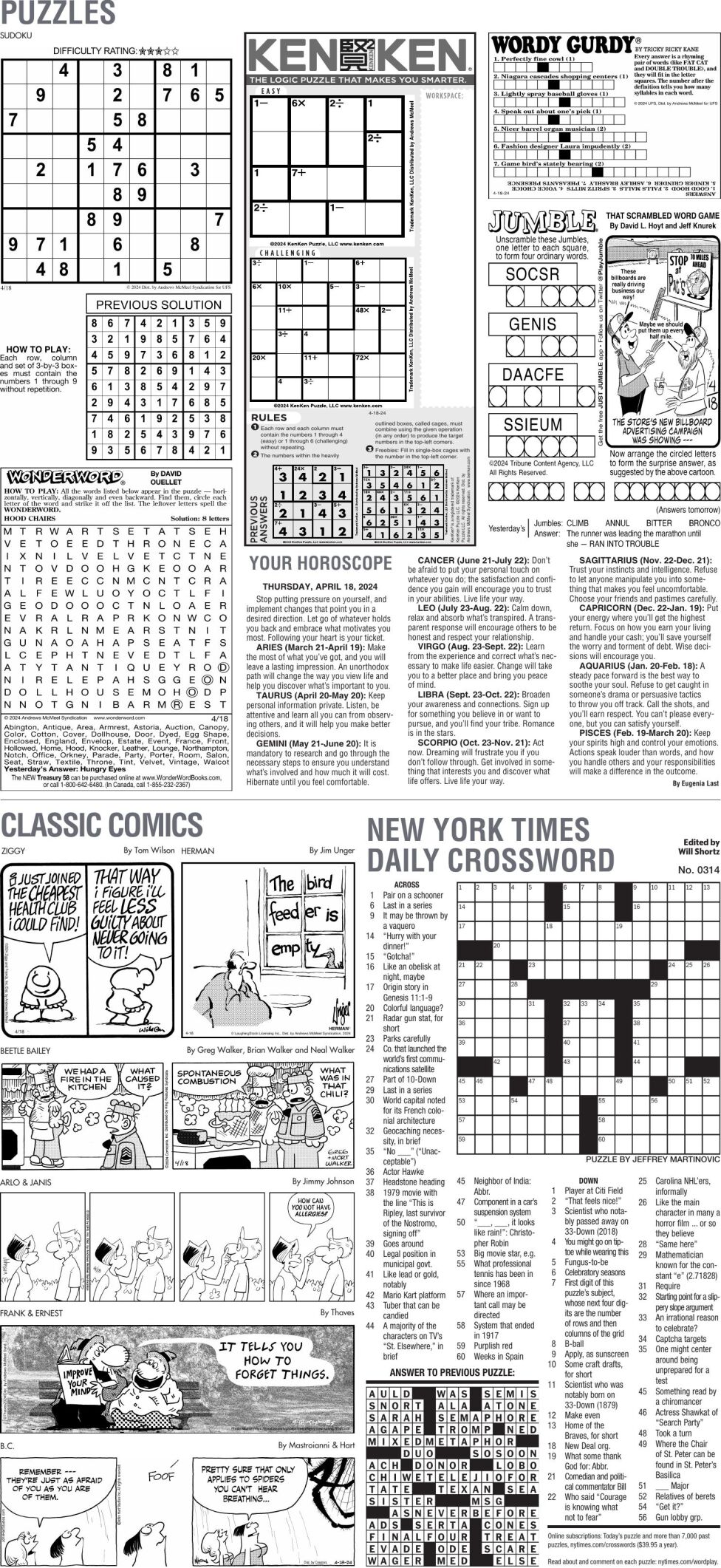 Puzzles, April 18, 2024 | Puzzles Comics | avpress.com