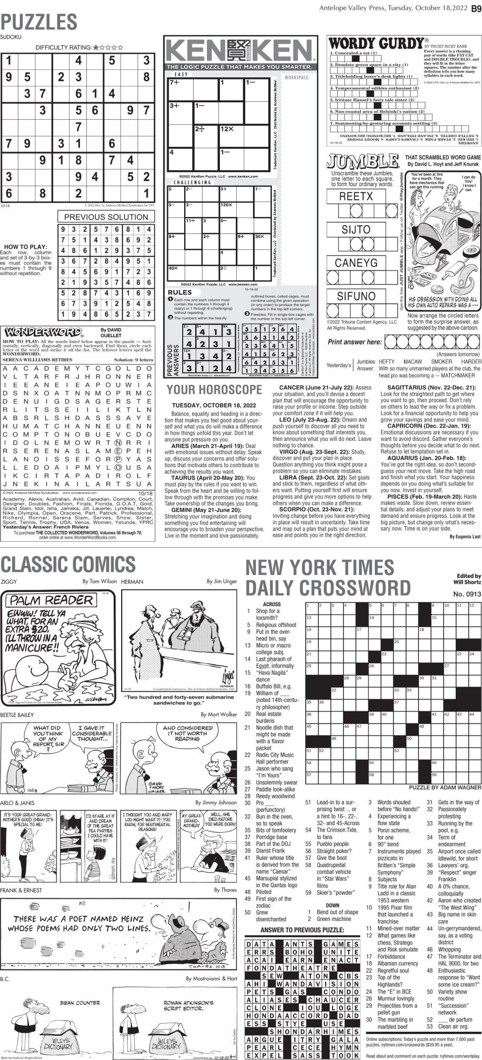 Puzzles, Oct. 18, 2022 | Puzzles Comics | avpress.com
