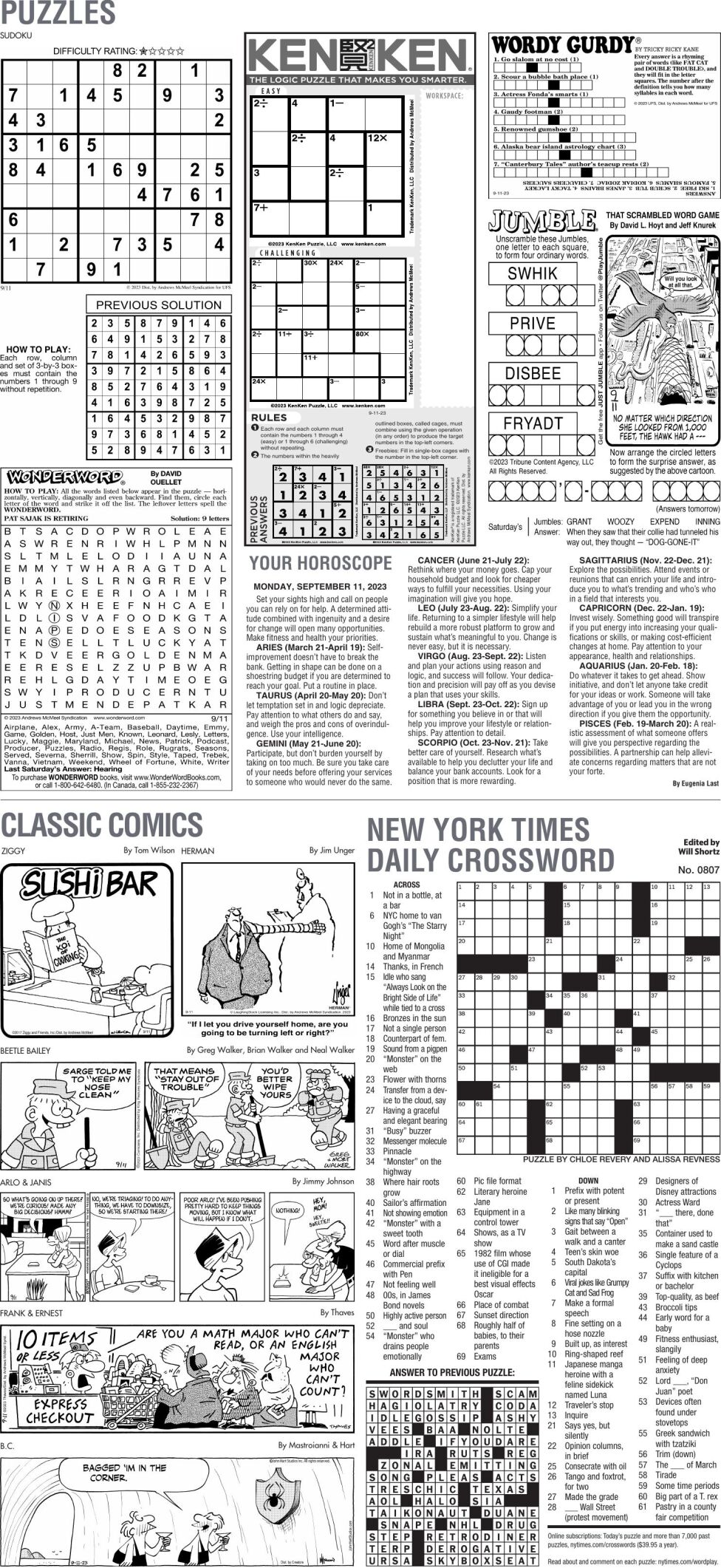 Puzzles, Sept. 11, 2023 | Puzzles Comics | avpress.com