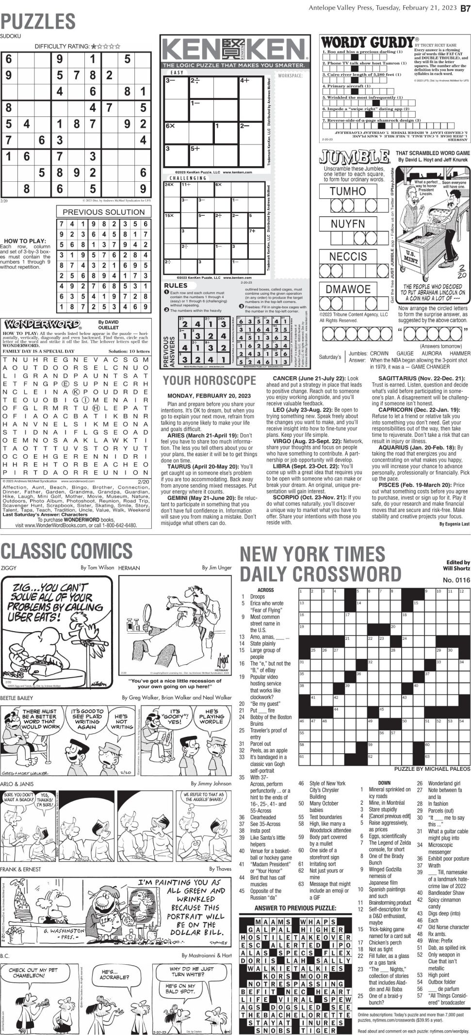 Puzzles, Feb. 20 2023 | Puzzles Comics | avpress.com