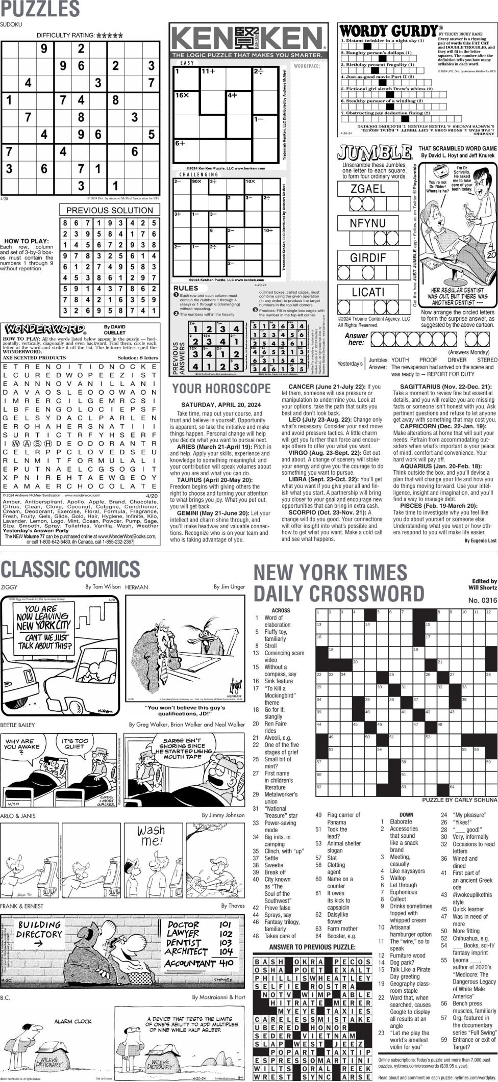 Puzzles, April 20, 2024 | Puzzles Comics | avpress.com