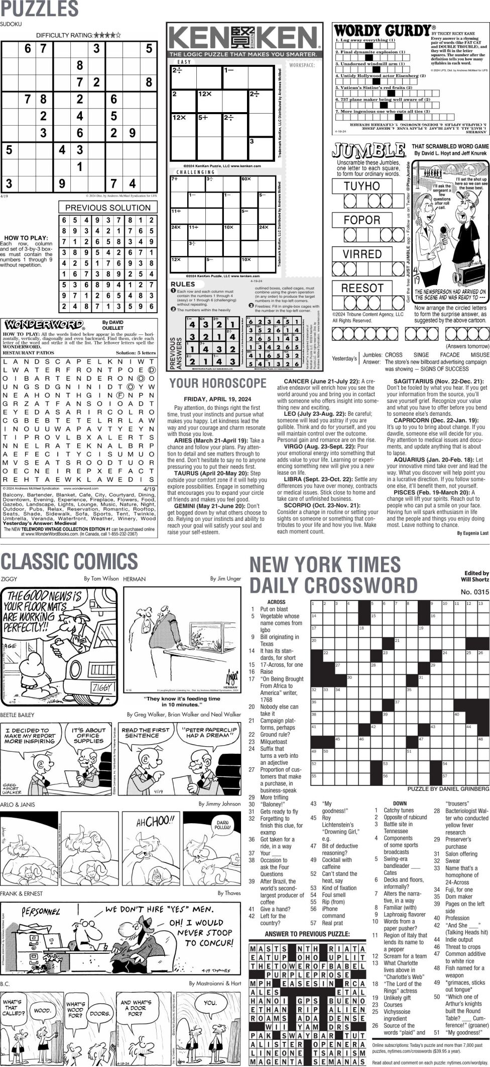 Puzzles, April 19, 2024 | Puzzles Comics | avpress.com