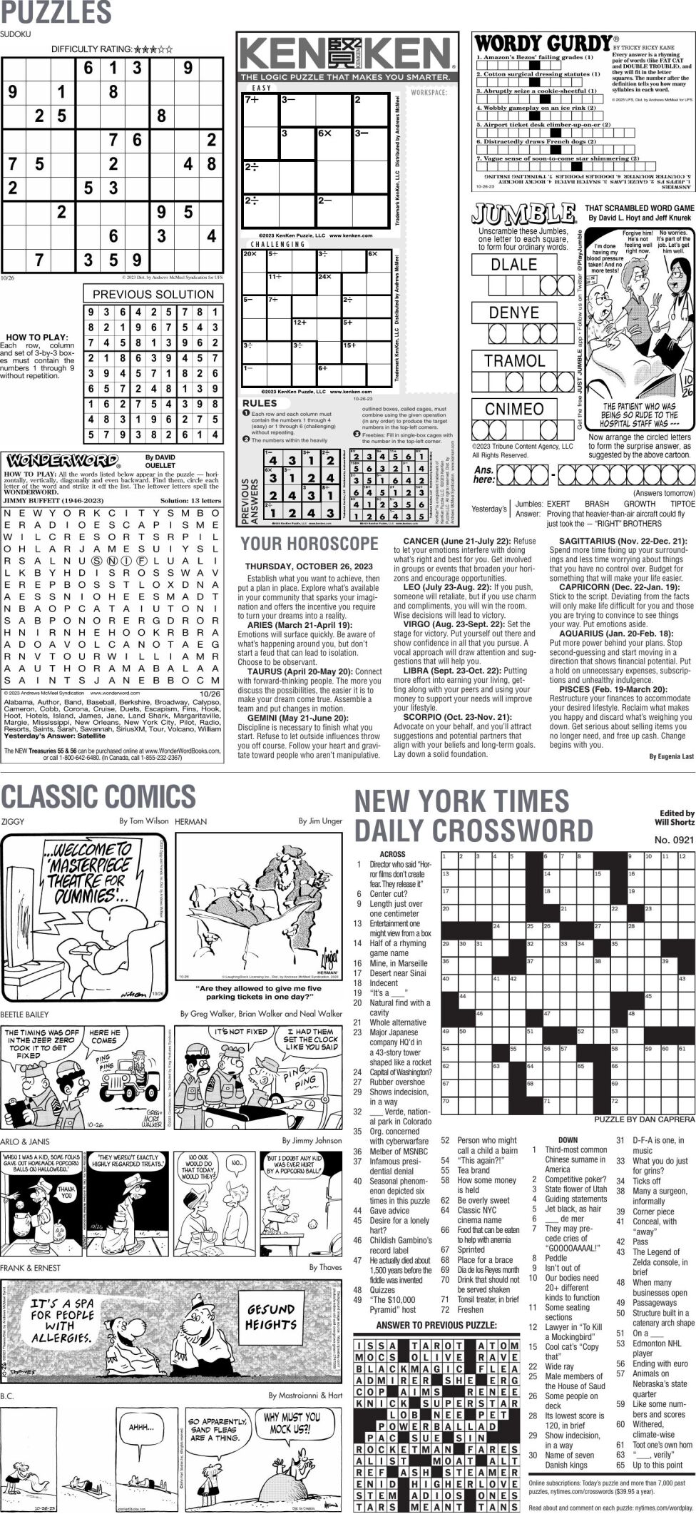 Puzzles, Oct. 26, 2023 | Puzzles Comics | avpress.com