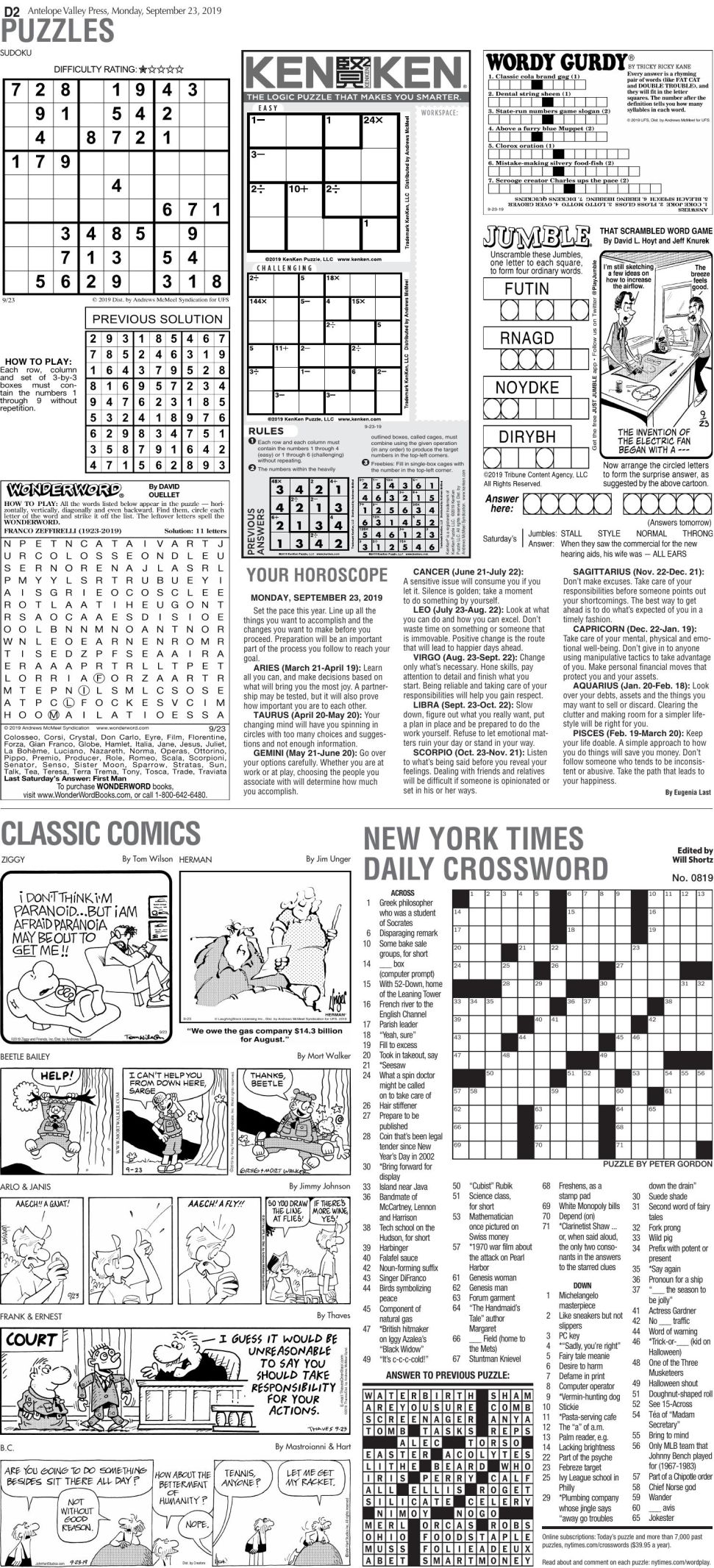 September 23, 2019, Puzzles | Puzzles Comics | avpress.com