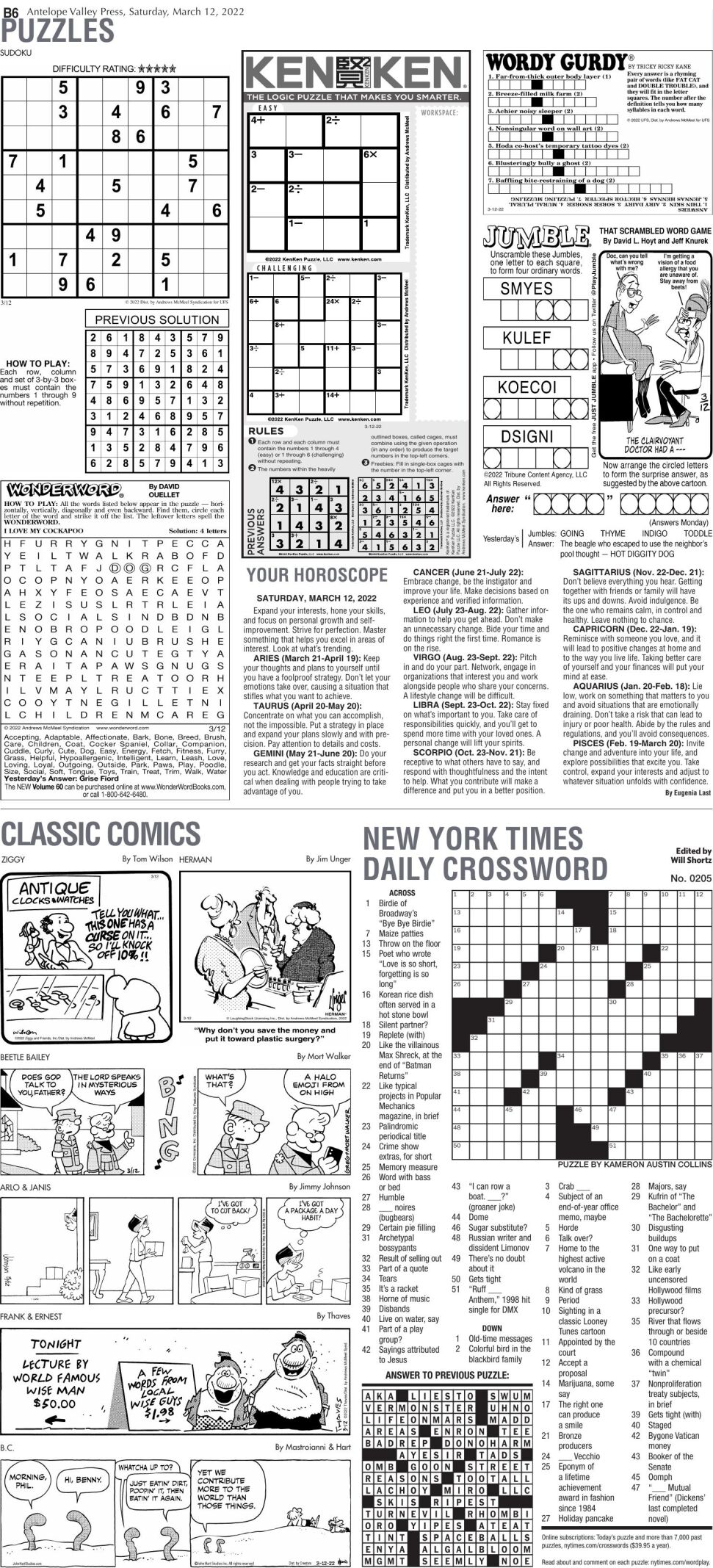 Puzzles, March 12, 2022 | Puzzles Comics | avpress.com