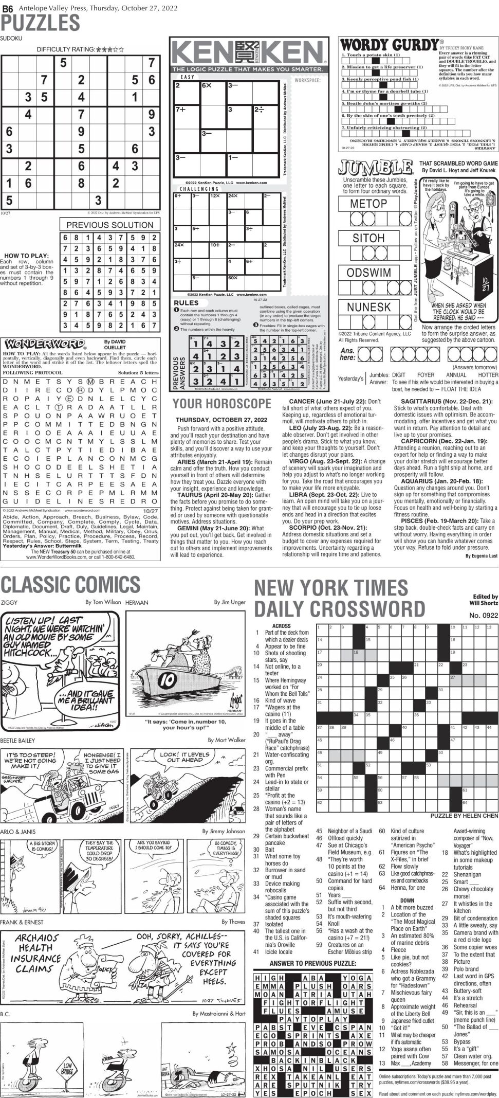 Puzzles, Oct. 27, 2022 | Puzzles Comics | avpress.com