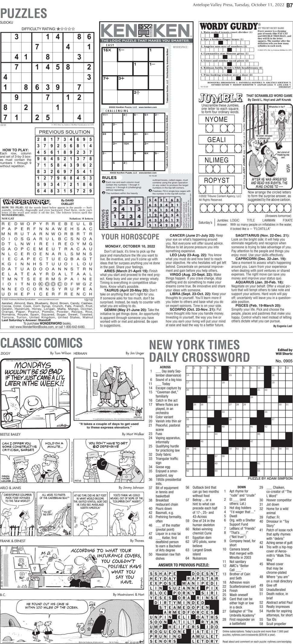 Puzzles, Oct. 10, 2022 | Puzzles Comics | avpress.com