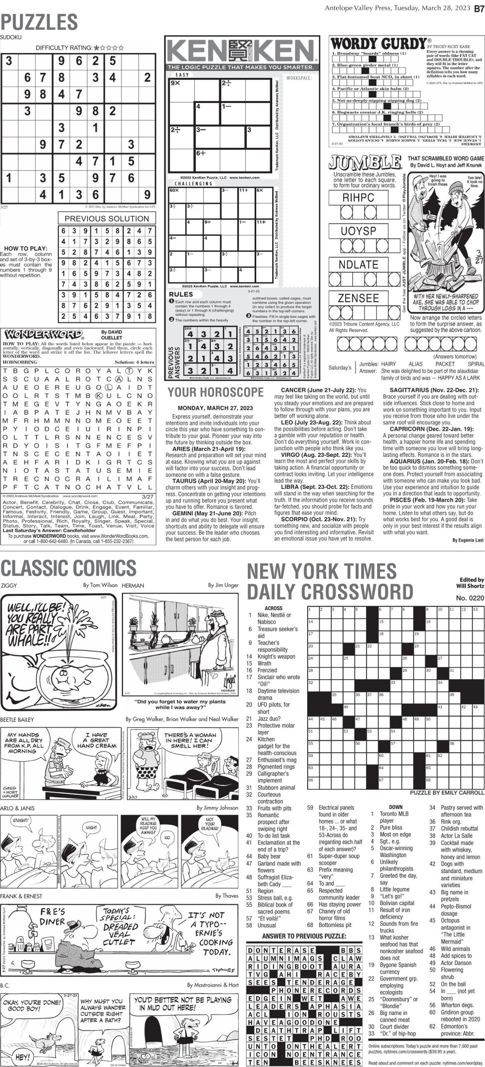 Puzzles, March 28, 2023 | Puzzles Comics | avpress.com