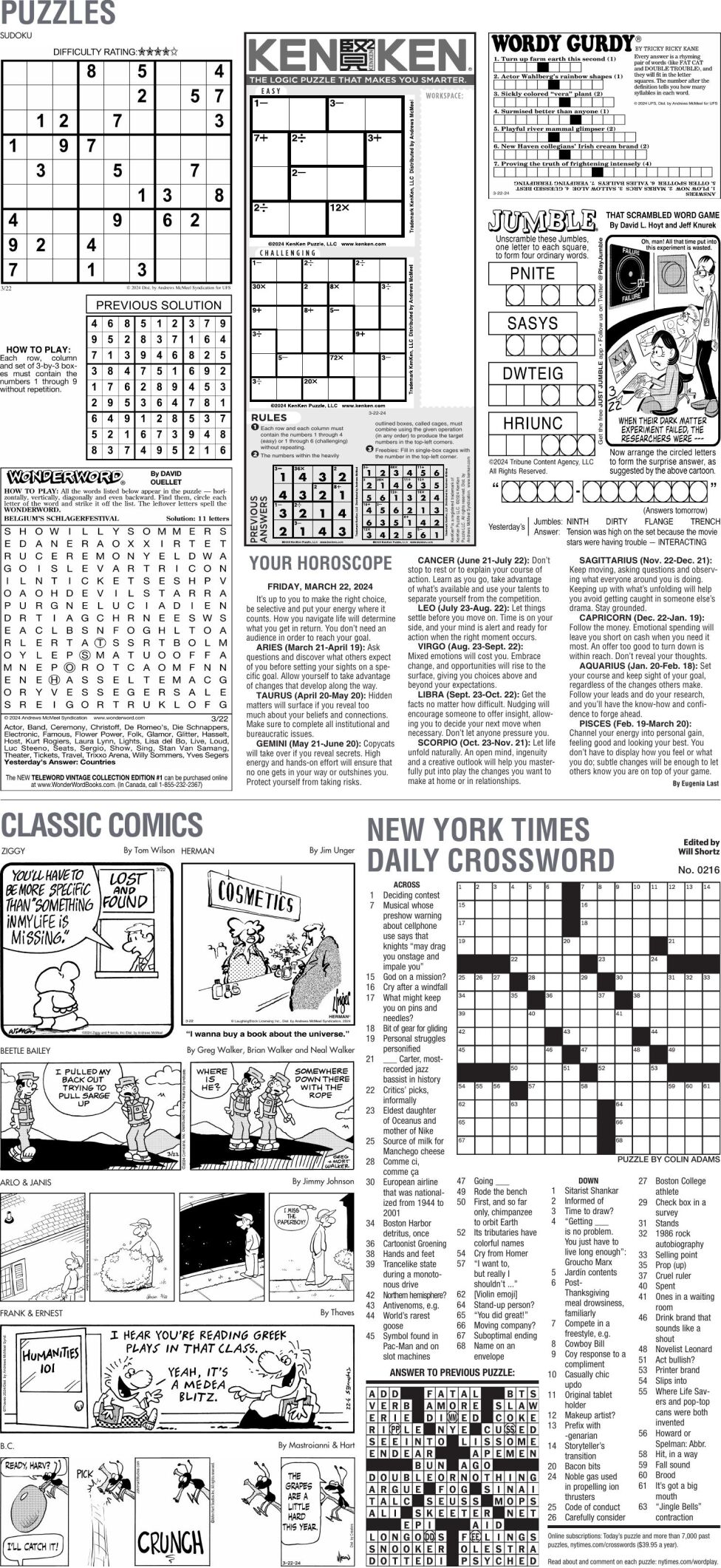 Puzzles, March 22, 2024 | Puzzles Comics | avpress.com