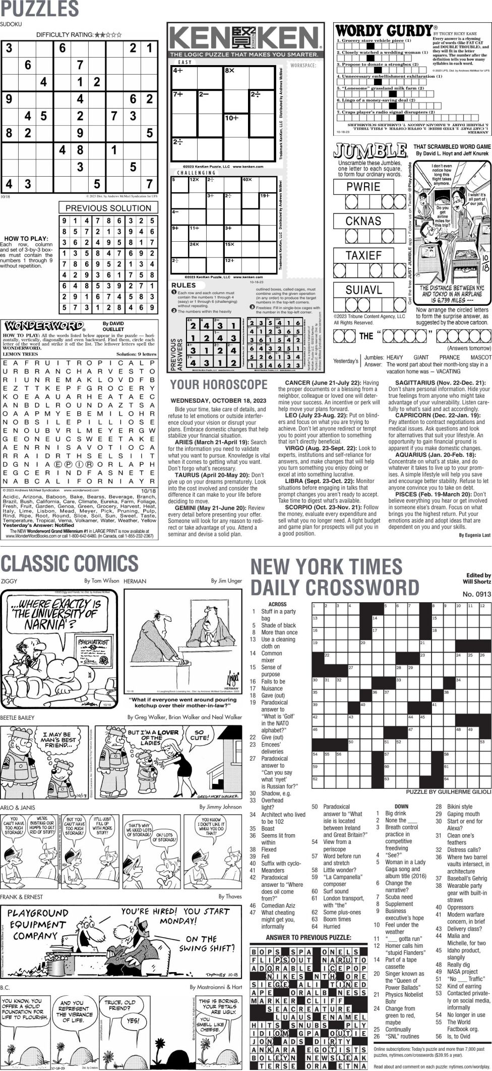 Puzzles, Oct. 18, 2023 | Puzzles Comics | avpress.com