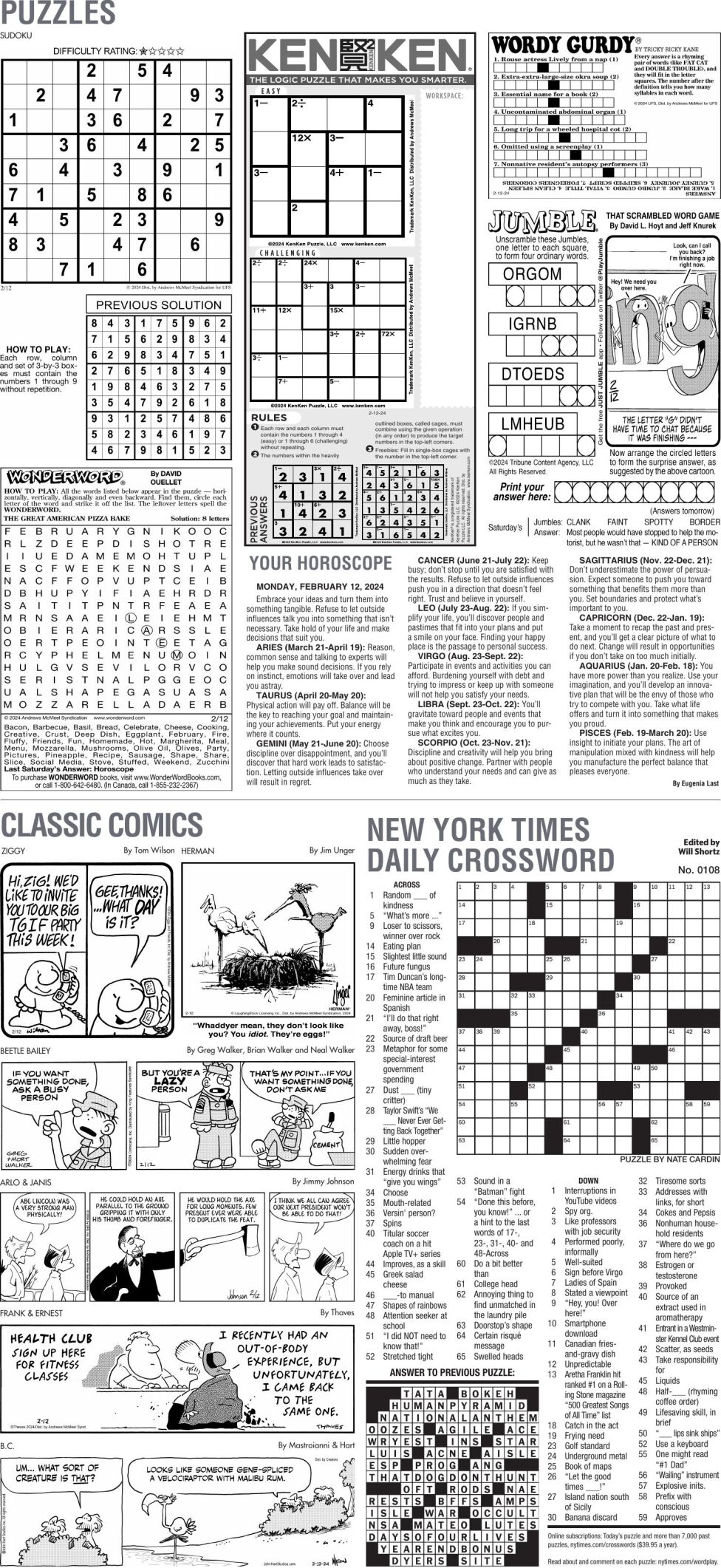 Puzzles, Feb. 12, 2024 | Puzzles Comics | avpress.com