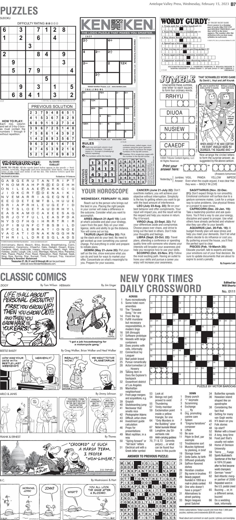 Puzzles, Feb. 15, 2023 | Puzzles Comics | avpress.com