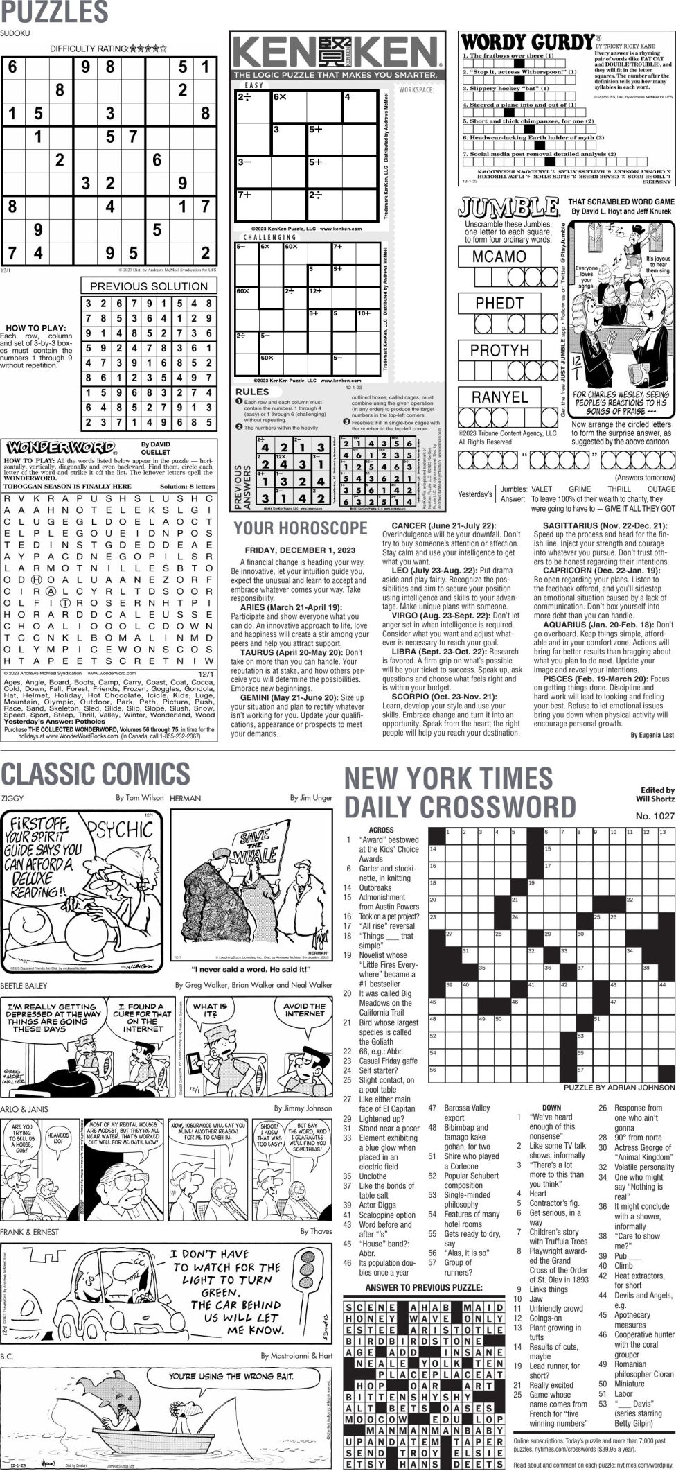 Puzzles, Dec. 1, 2023 | Puzzles Comics | avpress.com