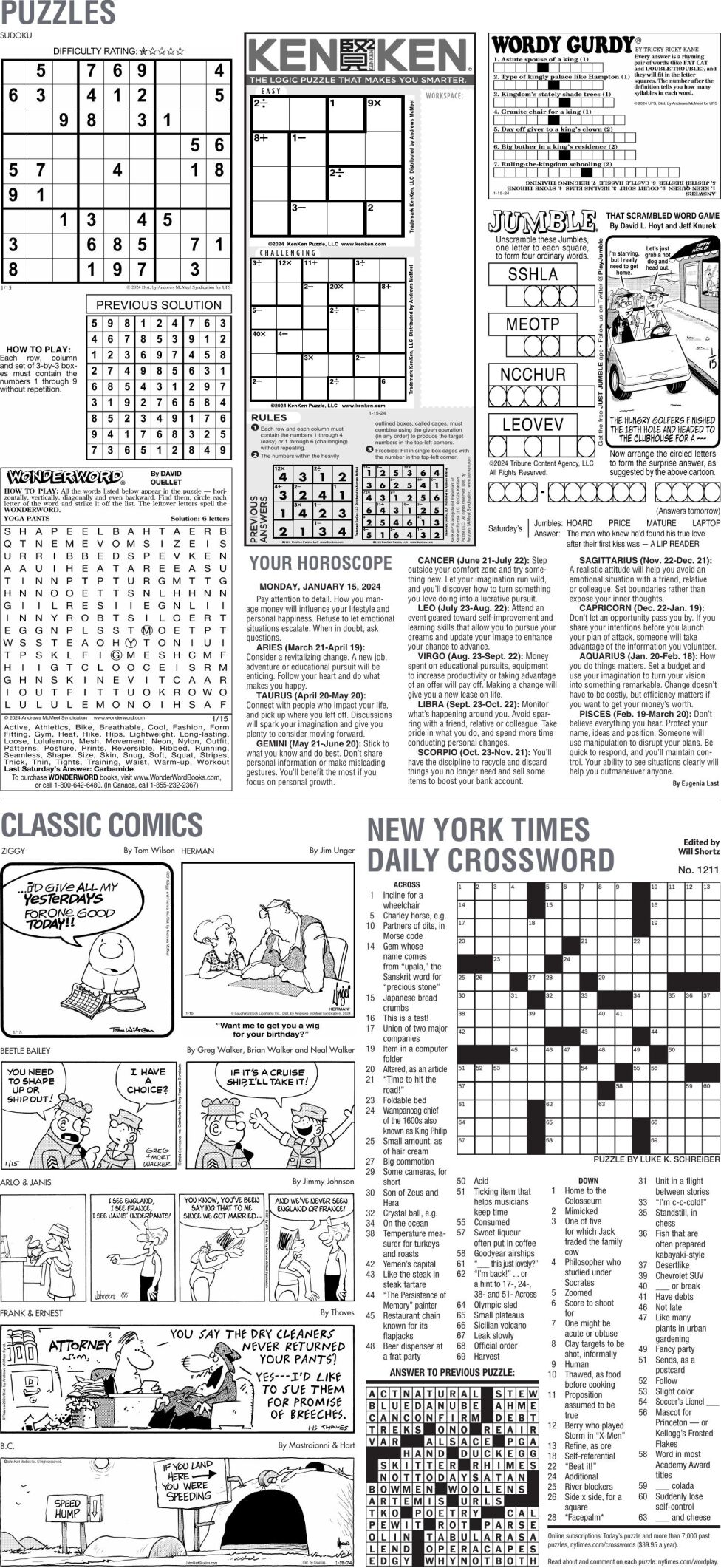 Puzzles, Jan. 15, 2024 | Puzzles Comics | avpress.com