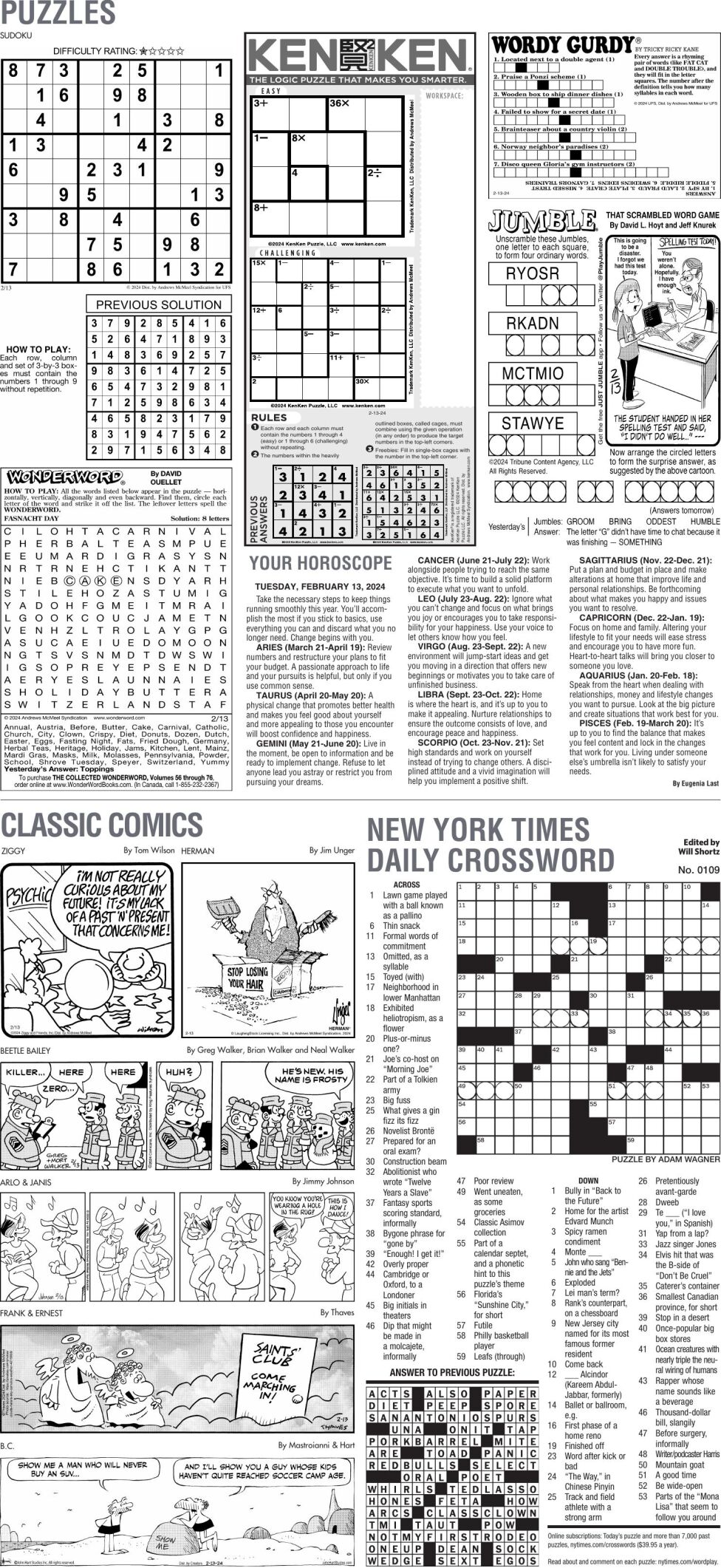 Puzzles, Feb. 13, 2024 | Puzzles Comics | avpress.com
