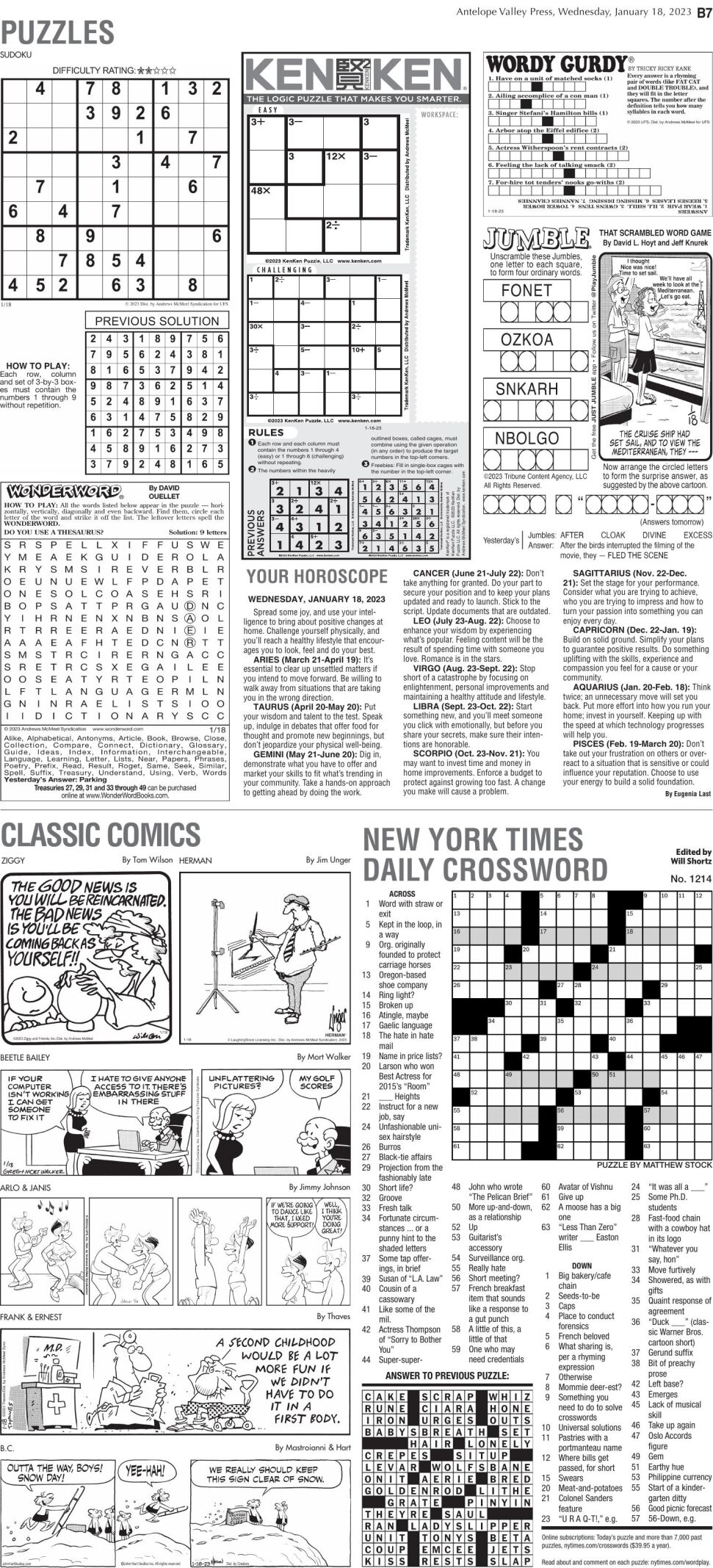 Puzzles, Jan. 18, 2023 | Puzzles Comics | avpress.com
