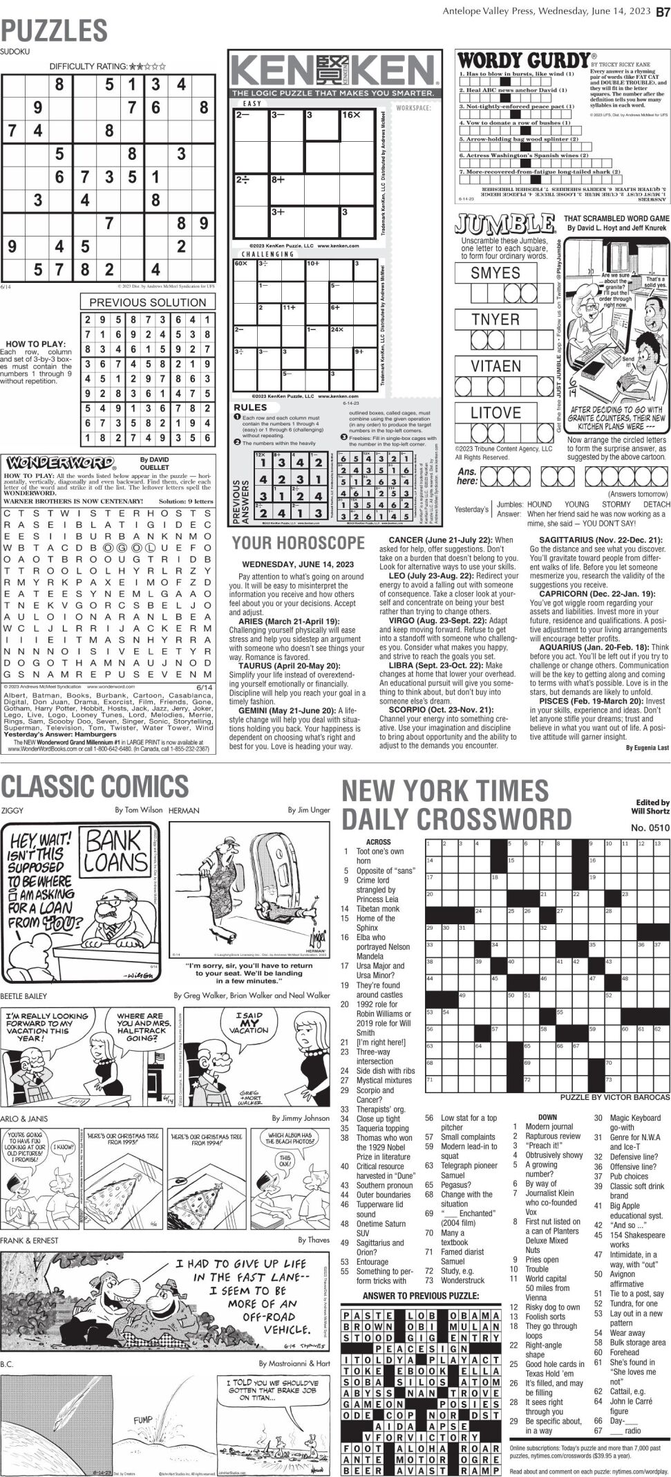 Puzzles, June 14, 2023 | Puzzles Comics | avpress.com