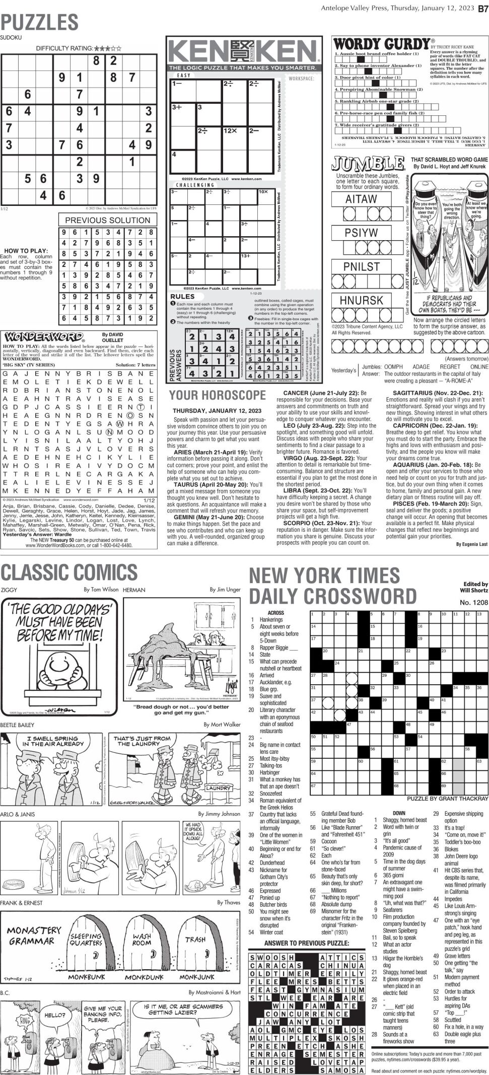 Puzzles, Jan. 12, 2023 | Puzzles Comics | avpress.com