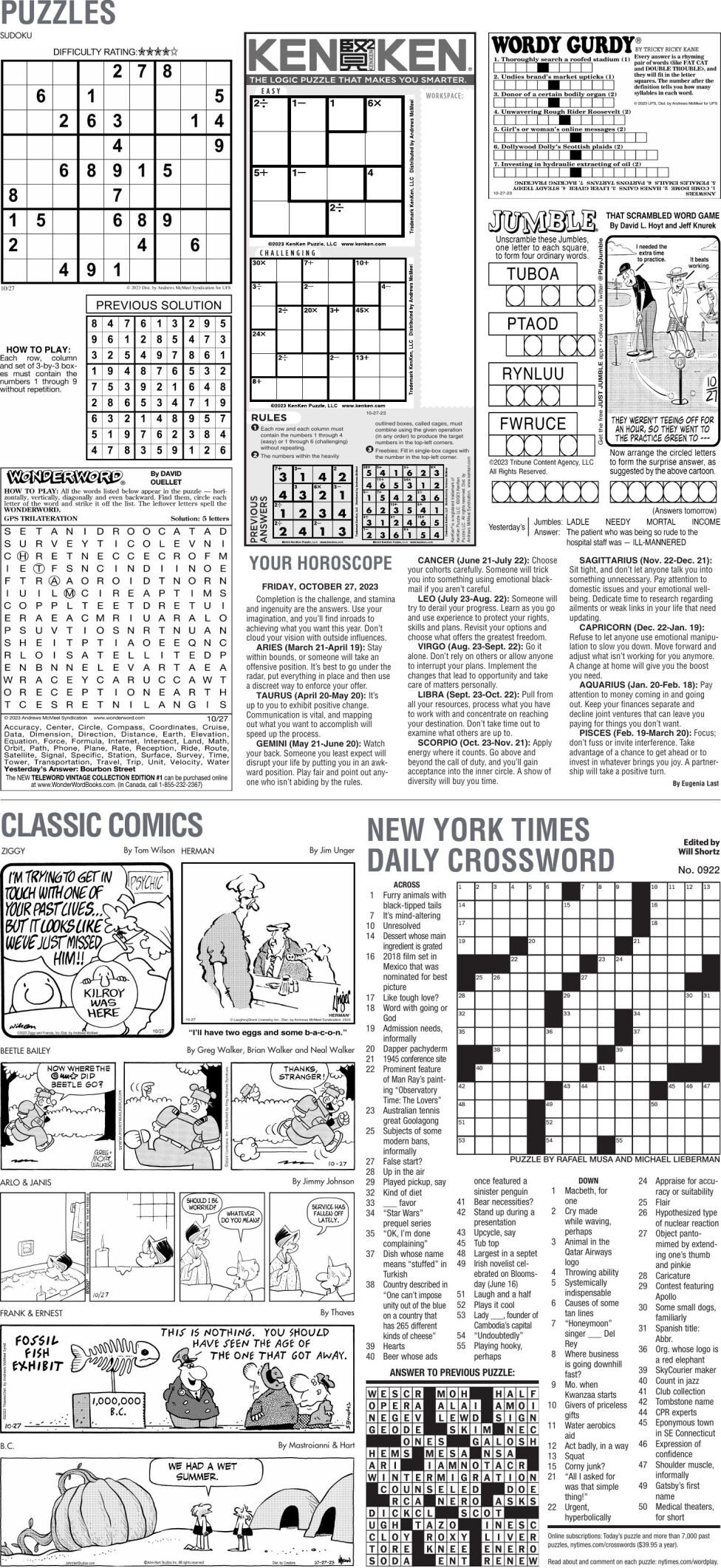 Puzzles, Oct. 27, 2023 | Puzzles Comics | avpress.com
