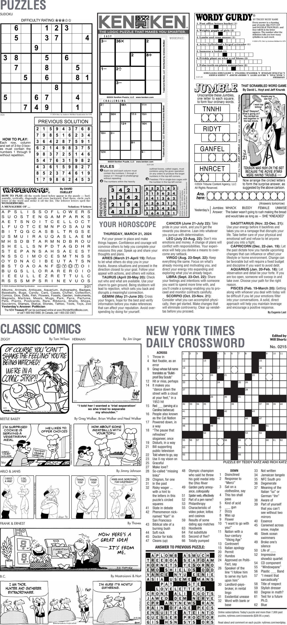 Puzzles, March 21, 2024 | Puzzles Comics | avpress.com