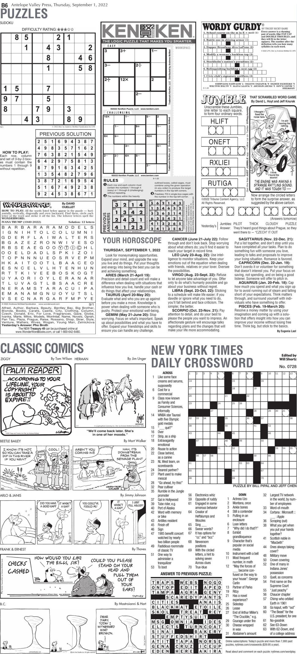 Puzzles, Sept. 1, 2022 | Puzzles Comics | avpress.com