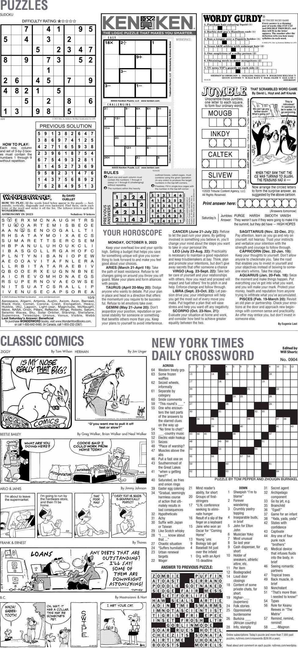 Puzzles, Oct. 9, 2023 | Puzzles Comics | avpress.com