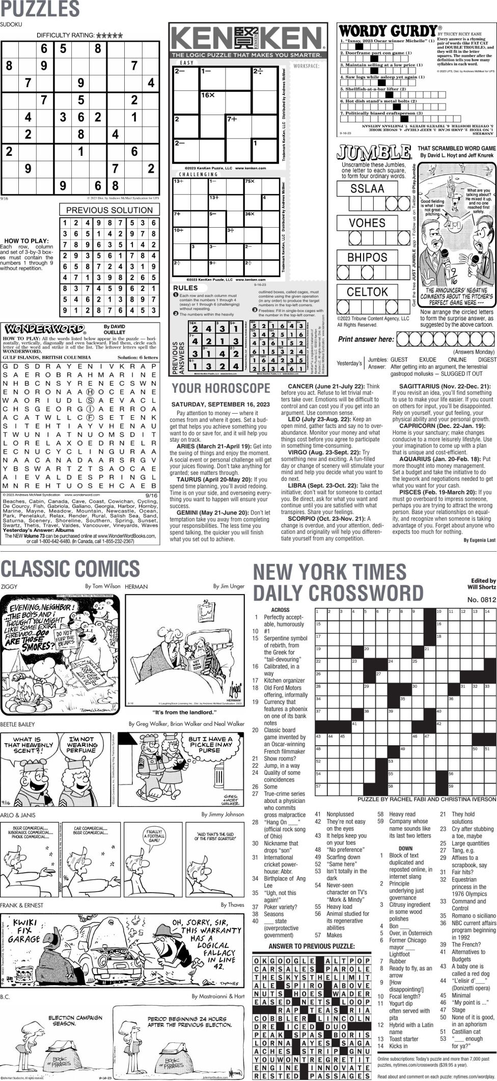 Puzzles, Sept. 16, 2023 | Puzzles Comics | avpress.com