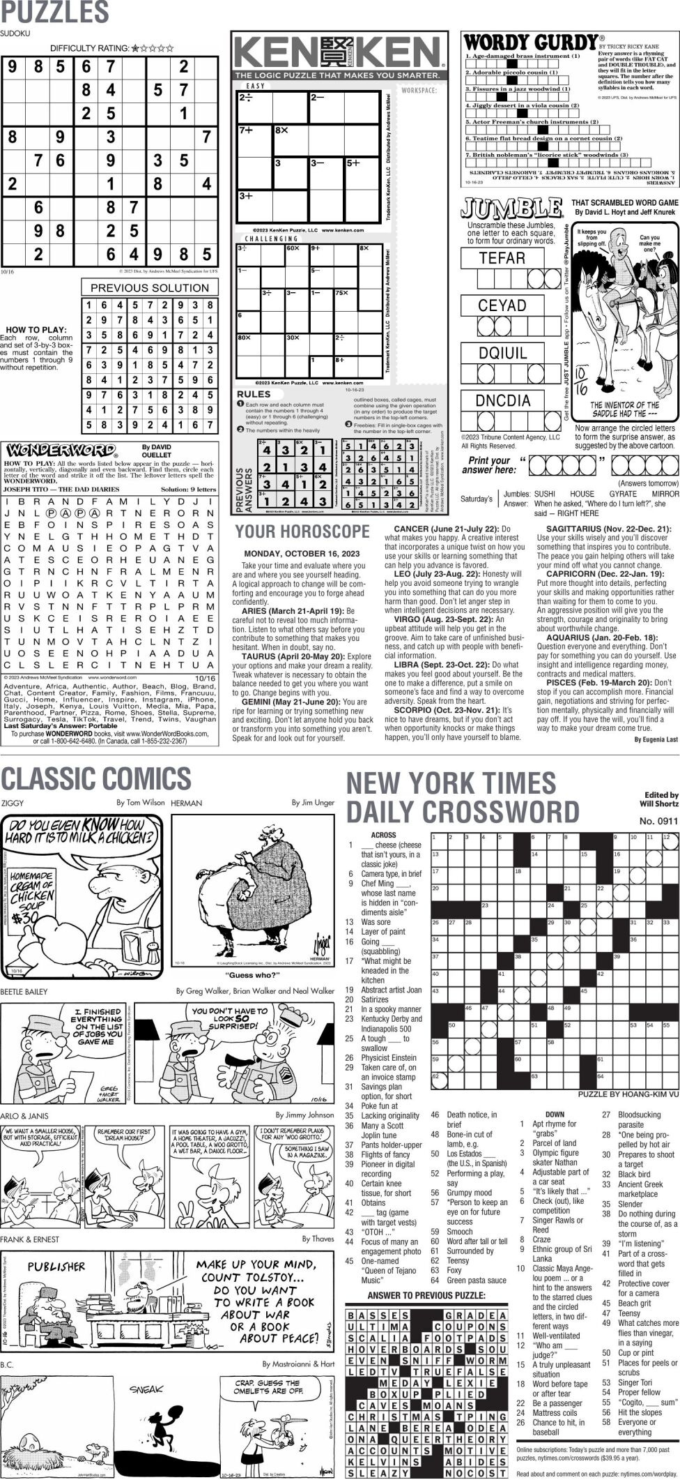 Puzzles, Oct. 16, 2023 | Puzzles Comics | avpress.com