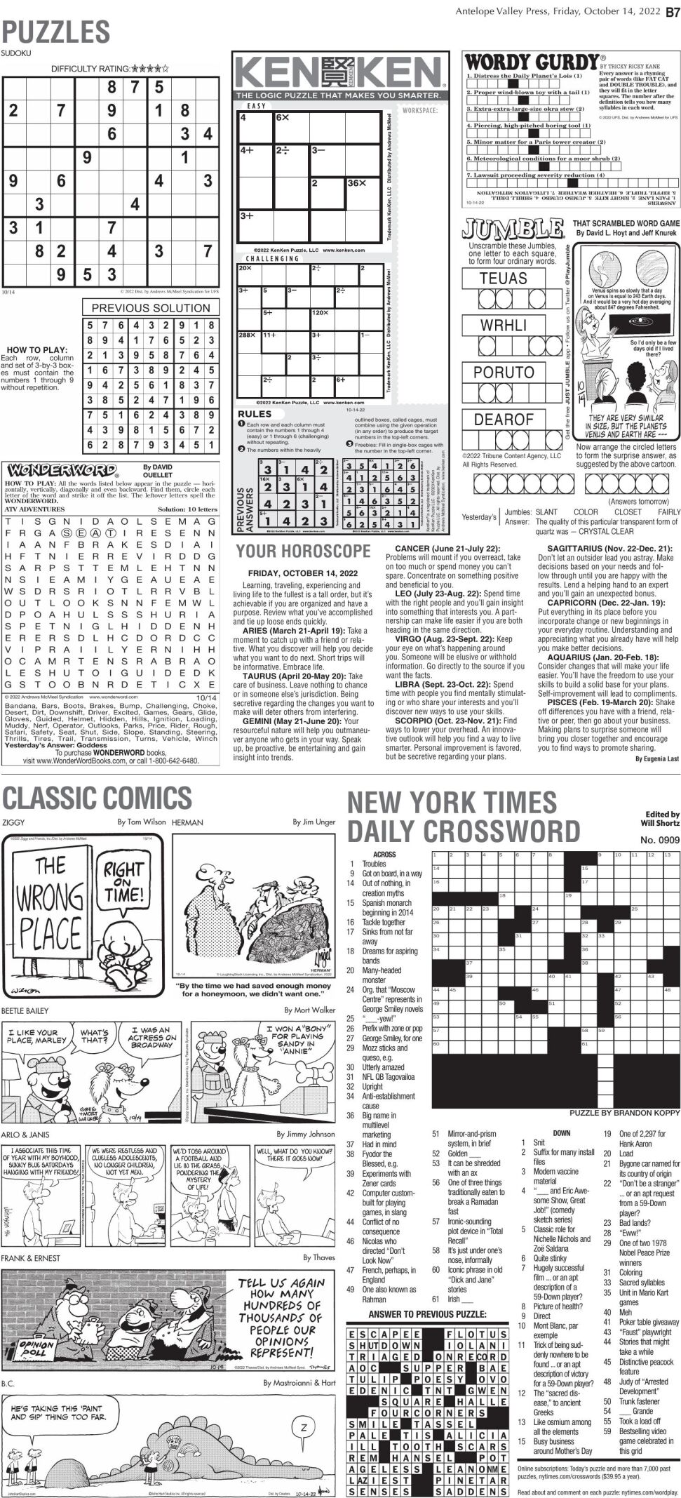 Puzzles, Oct. 14, 2022 | Puzzles Comics | avpress.com