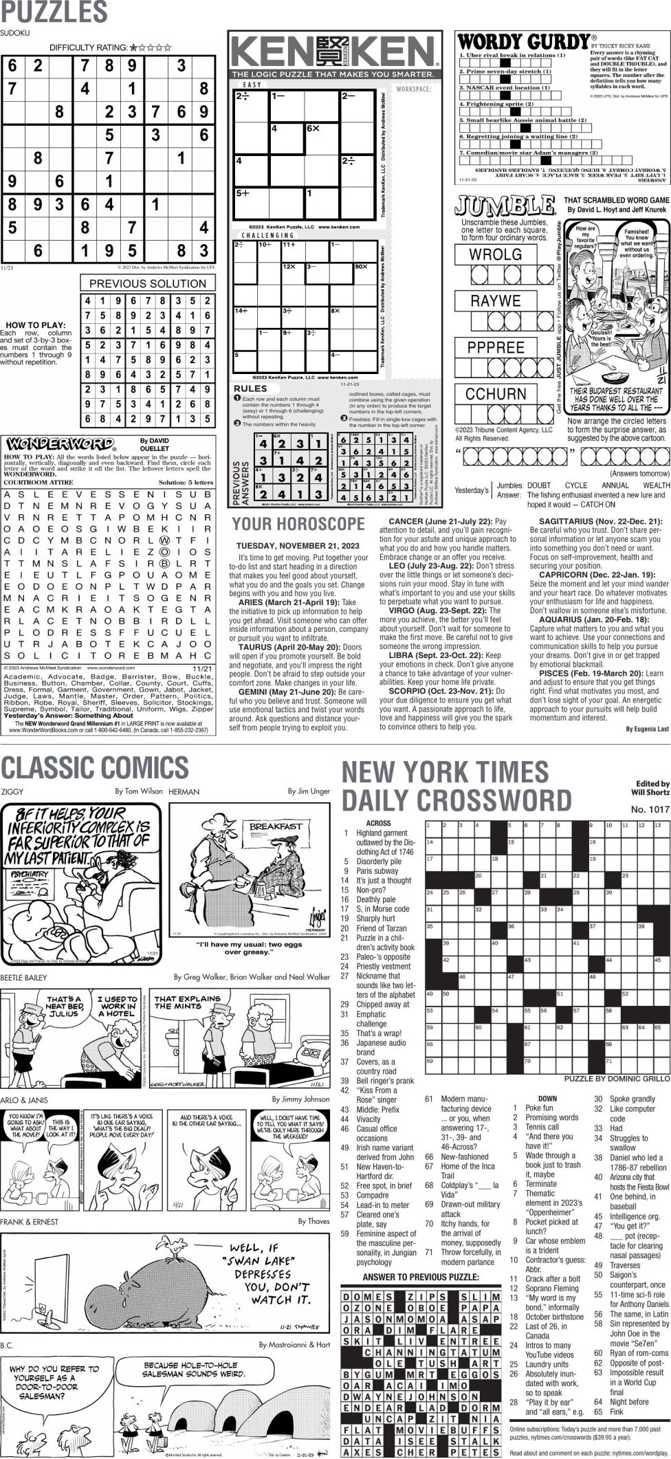 Puzzles, Nov. 21, 2023 | Puzzles Comics | avpress.com