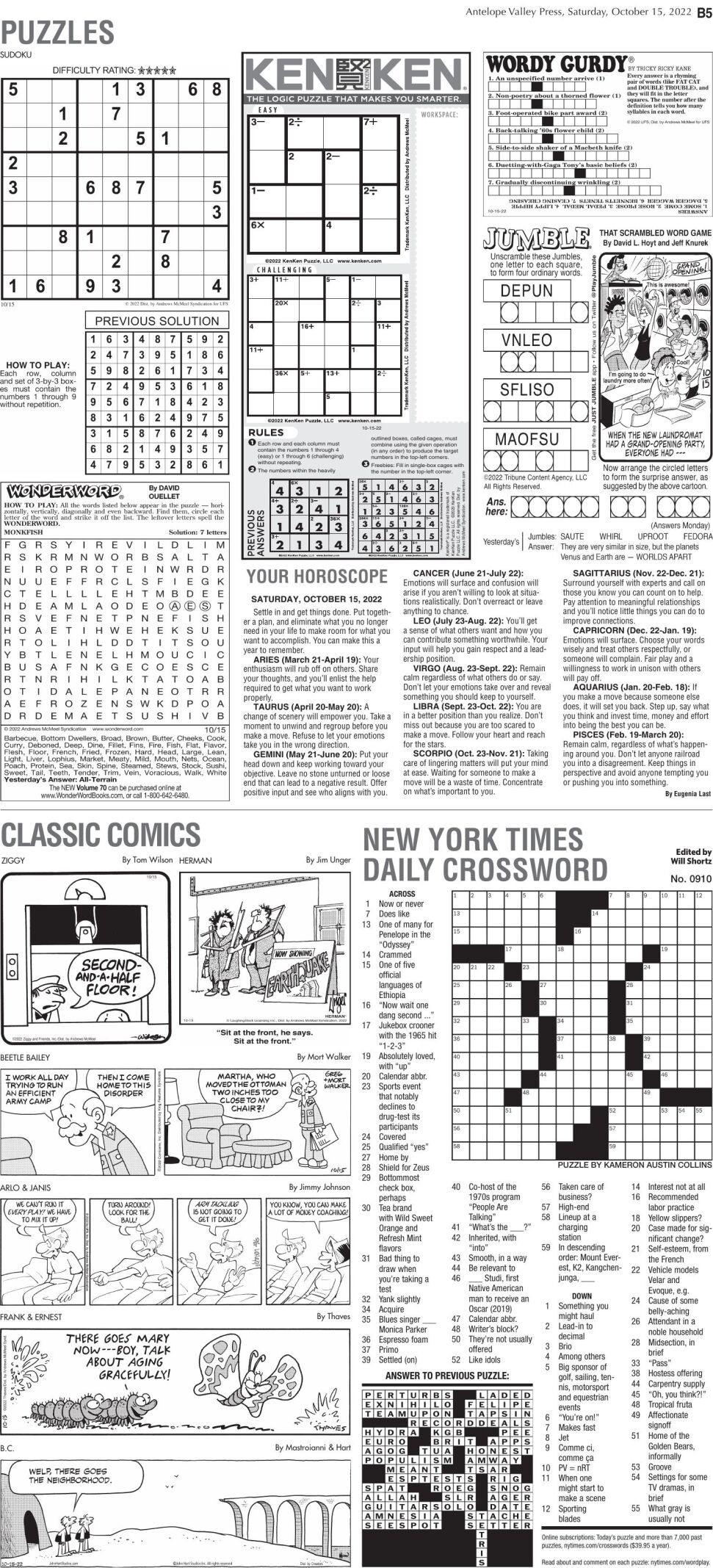 Puzzles, Oct. 15, 2022 | Puzzles Comics | avpress.com