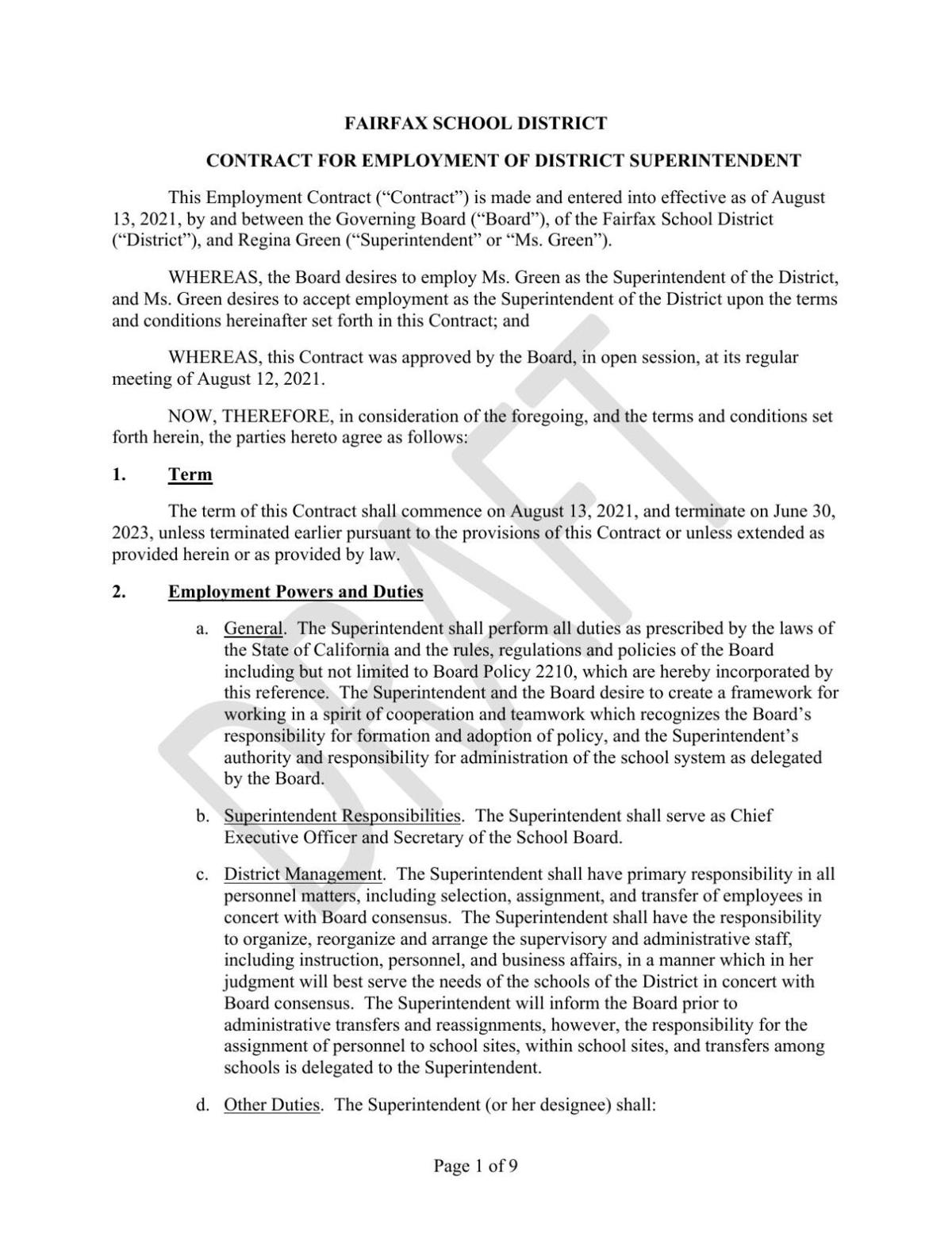Fairfax School District superintendent contract for Regina Green ...