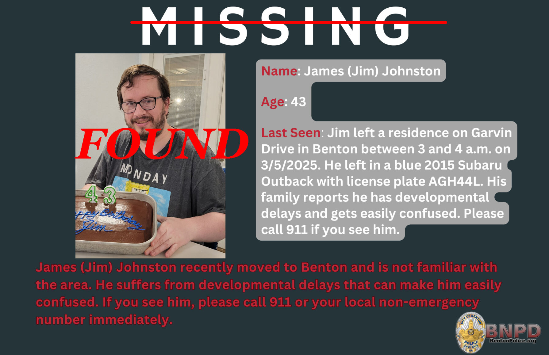 Man last seen in Benton reported missing, found safe in Russellville ...
